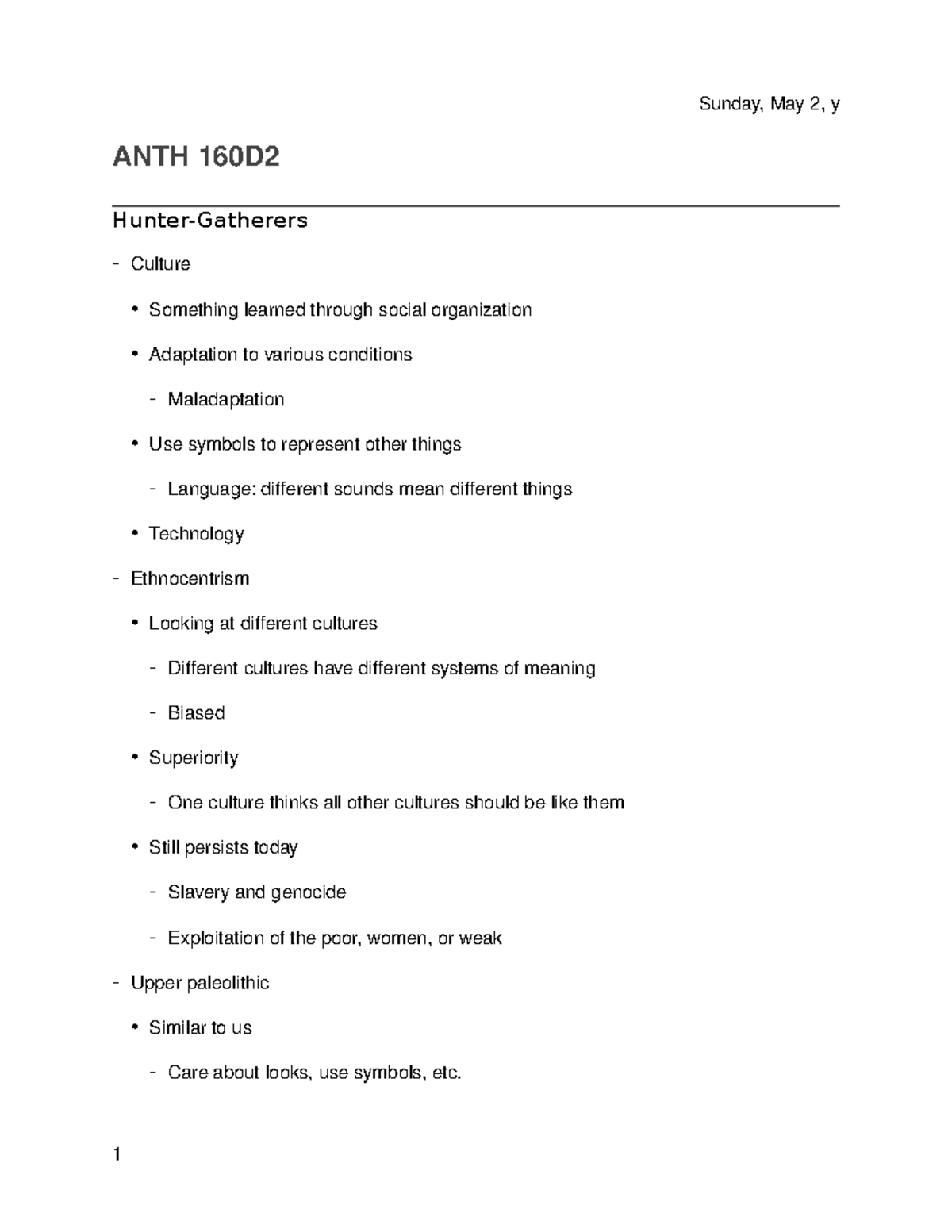 17 - Hunter-Gatherers - Lecture notes 17 - Sunday ,May2,y ANTH160D2 ...