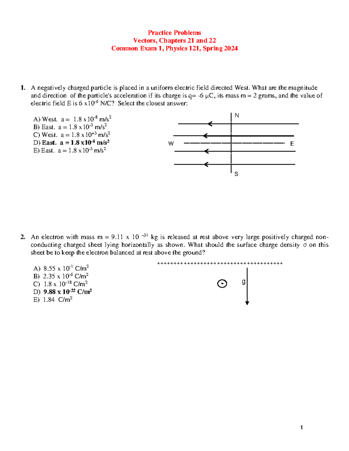 Practice Problems, Common Exam 1, Phys121, Spring 2024 - Practice ...
