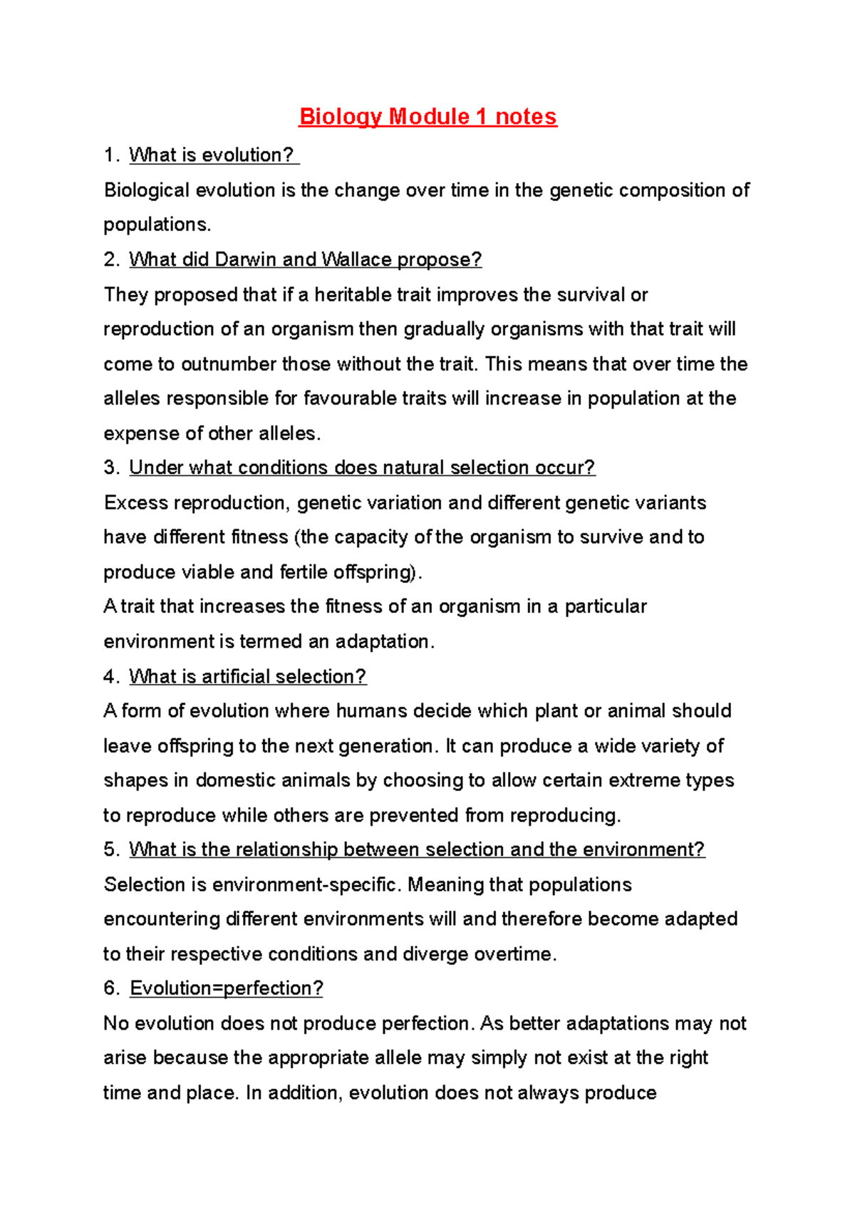 Bio module 1 - notes - Biology Module 1 notes What is evolution ...