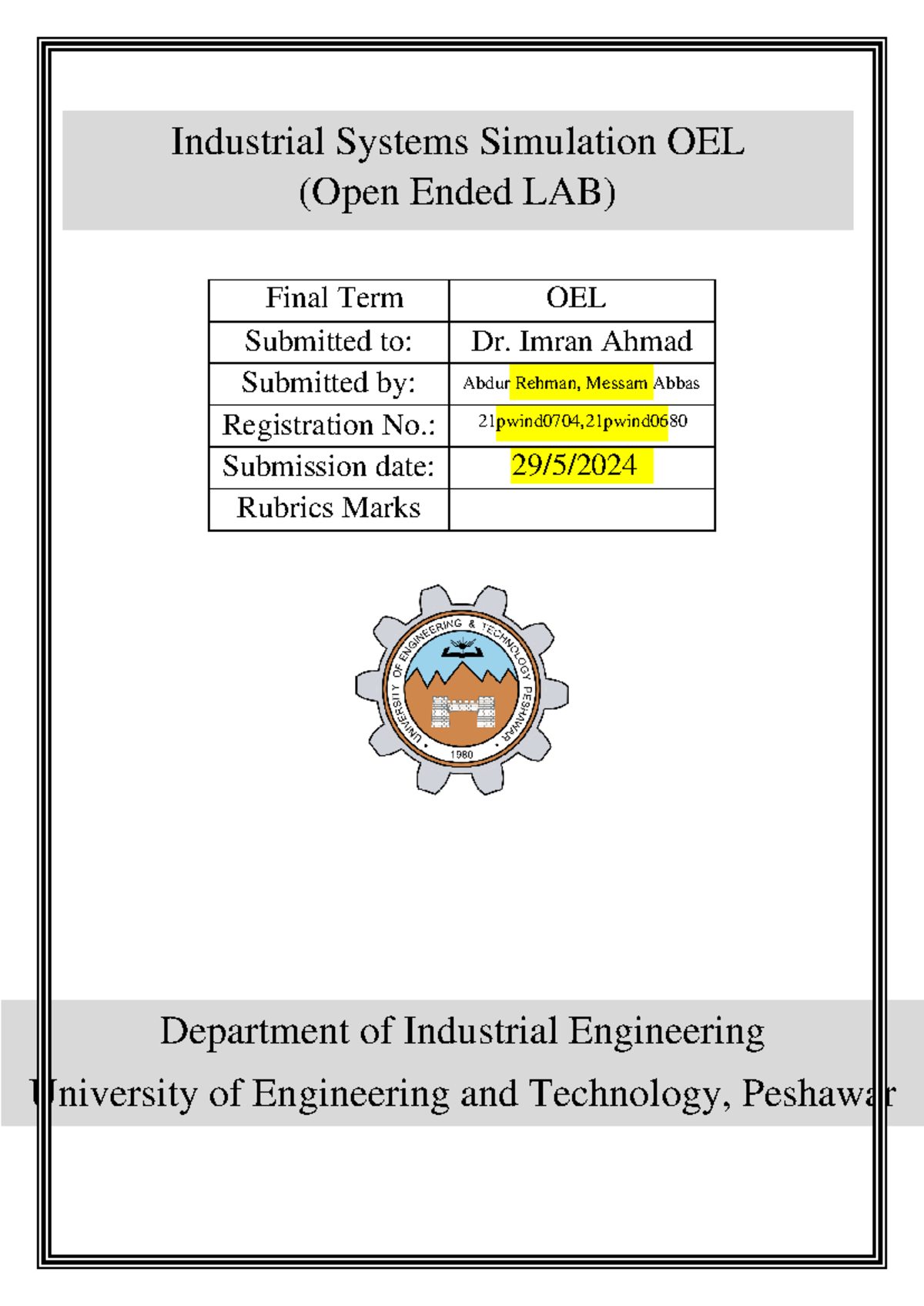 OEL Report - Submitted to: Dr. Imran Ahmad Submitted by: Registration ...