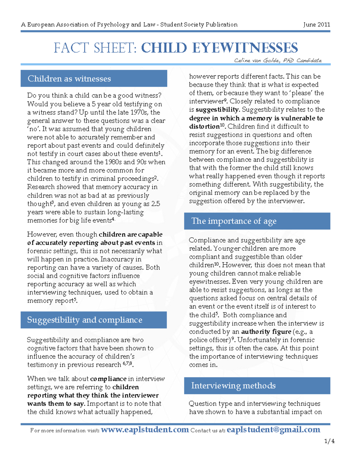 Factsheet Child Eyewitnesses - 1/ however reports different facts. This ...