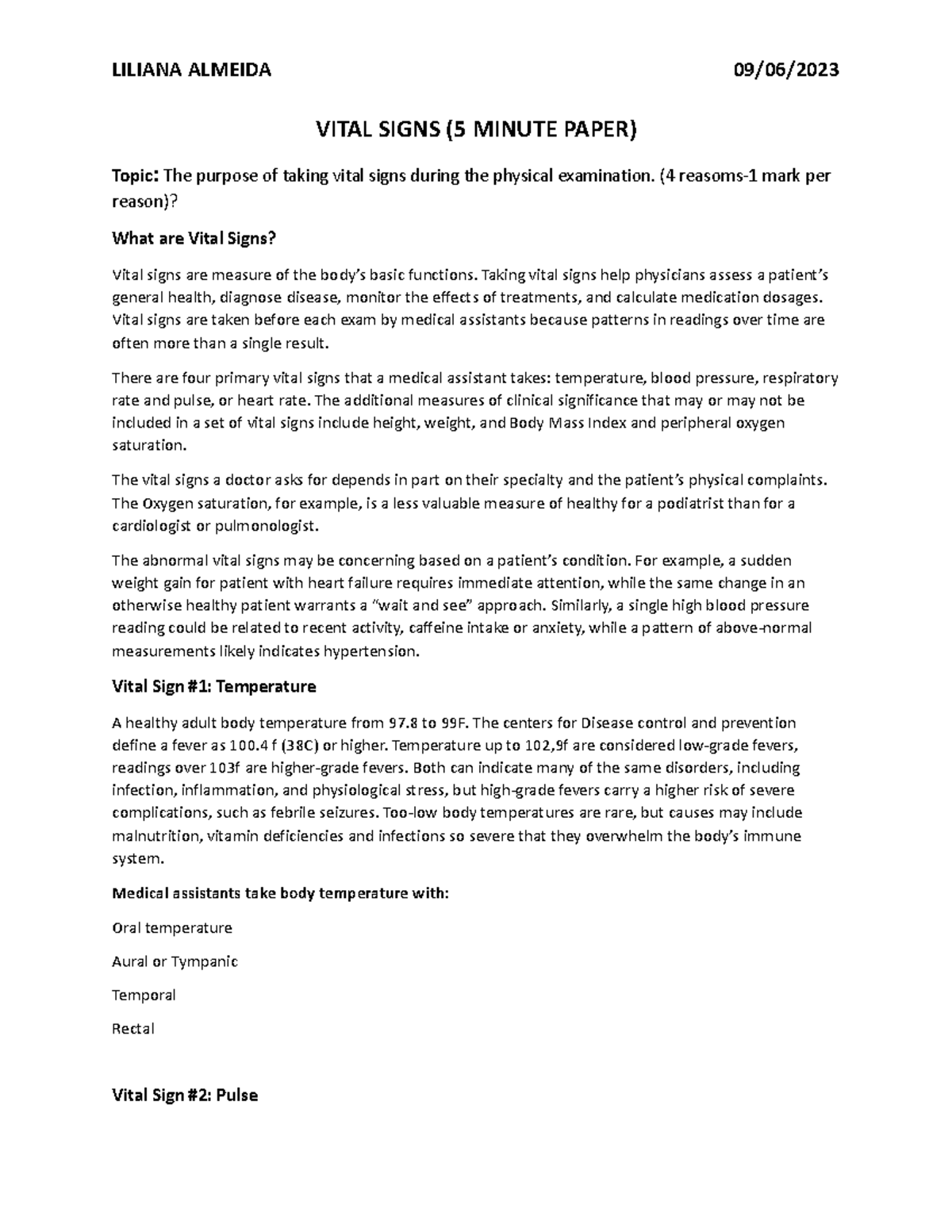 Vital Signs (5 minute paper) - LILIANA ALMEIDA 09/06/ VITAL SIGNS (5 ...