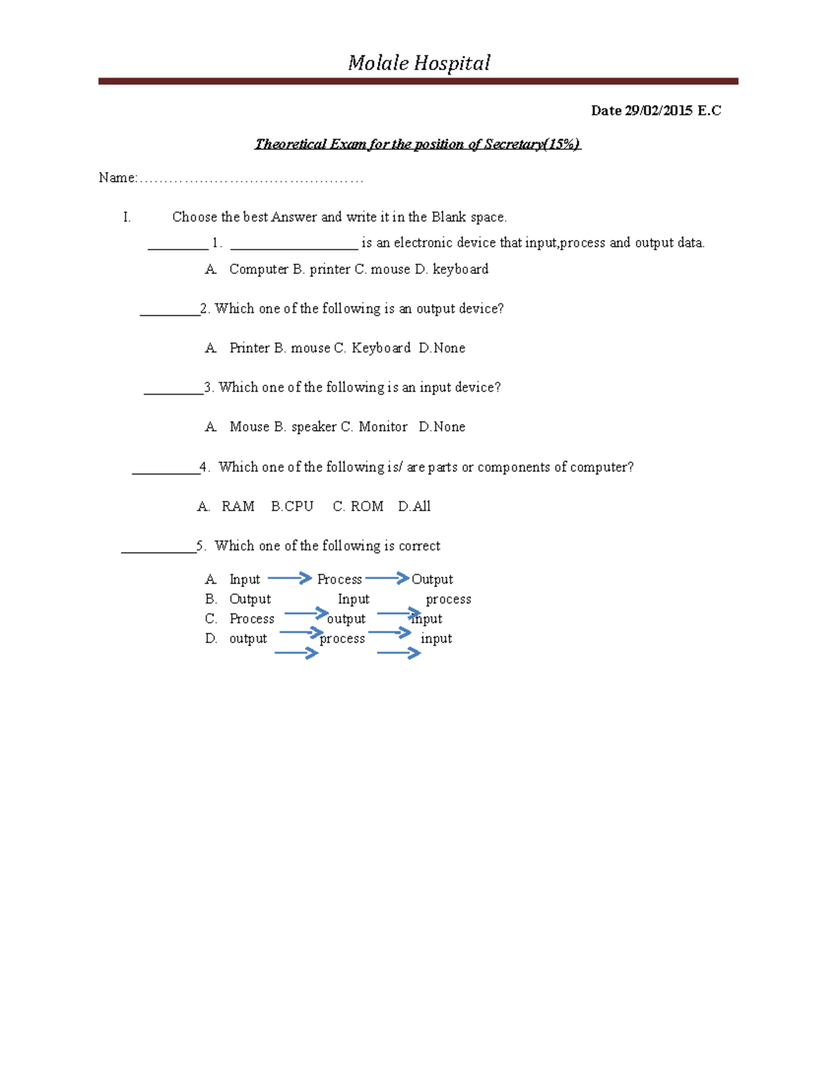 Theoretical Exam - this is - Molale Hospital Date 29/02/2015 E ...