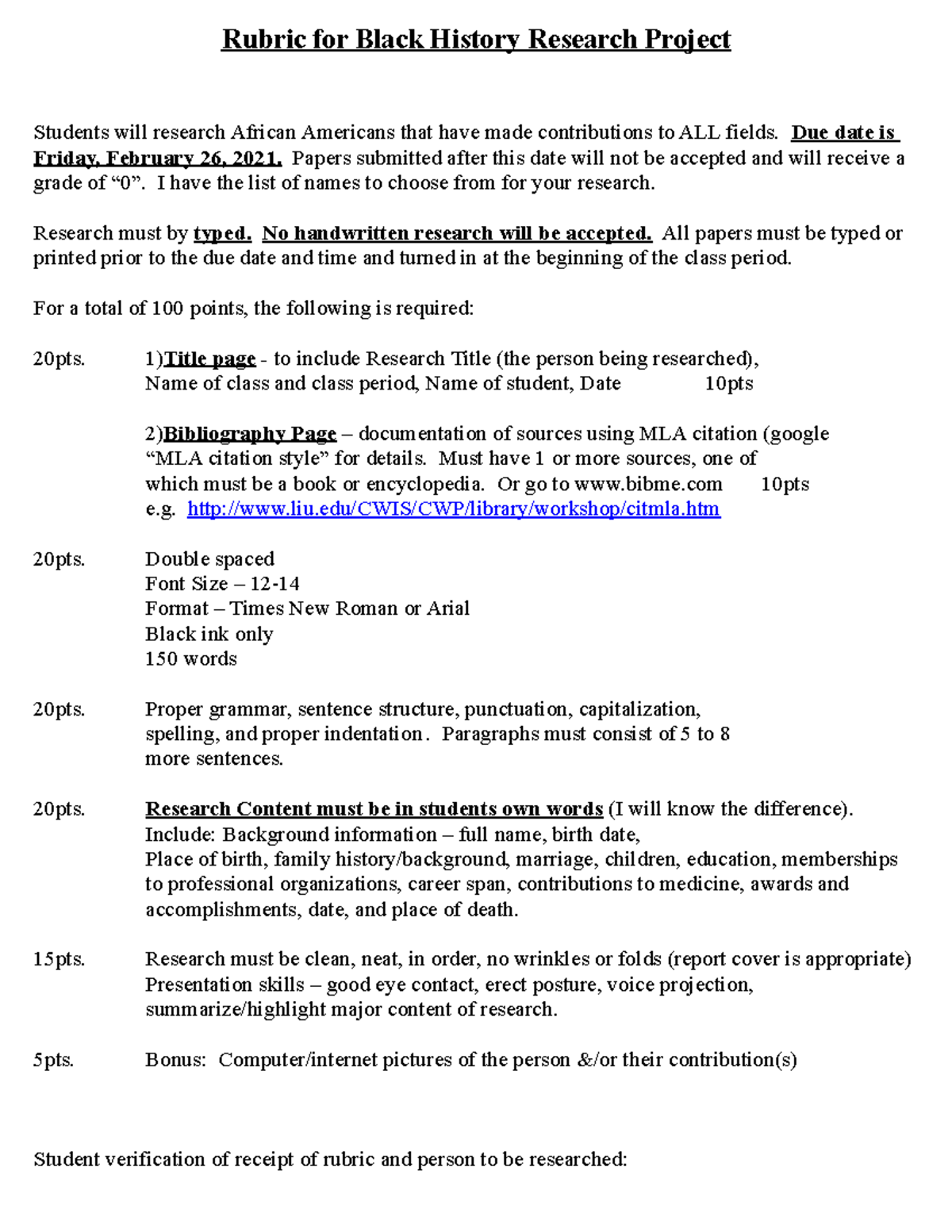 Rubric For Black History Research Project.doc 2021 different version ...