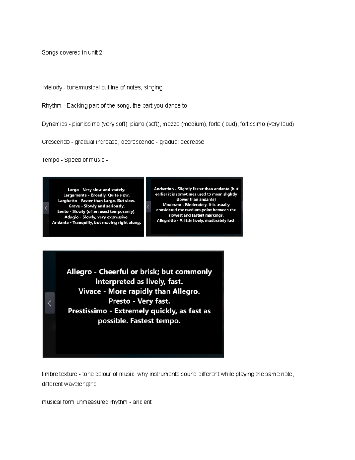 Music test prep #2 - Study notes from unit 2 - Songs covered in unit 2 ...