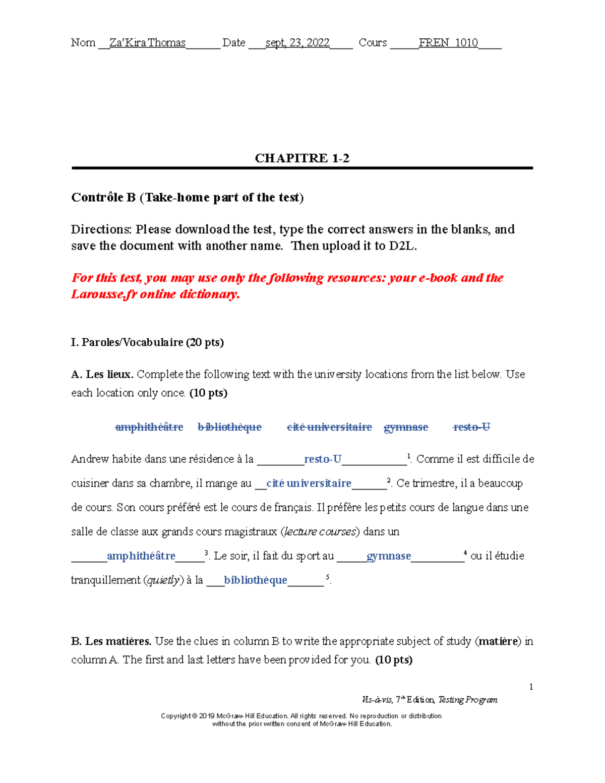 Test thomas - Test for the first chapter - Nom Za’Kira Thomas____ Date ...