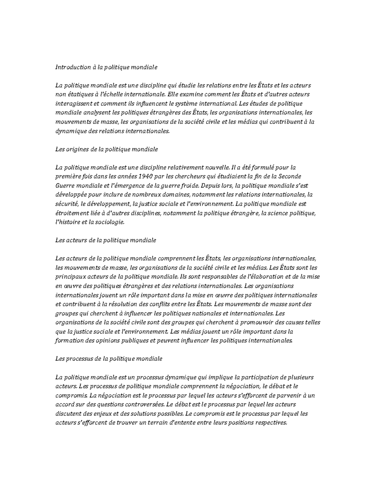 Global Politics Study Notes - Introduction à la politique mondiale La ...