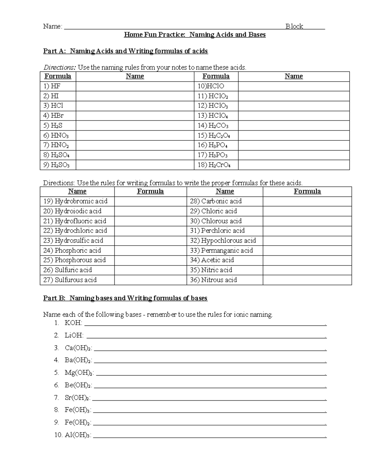 Naming acids and bases 2020 - Name: Block Home Fun Practice: Naming ...