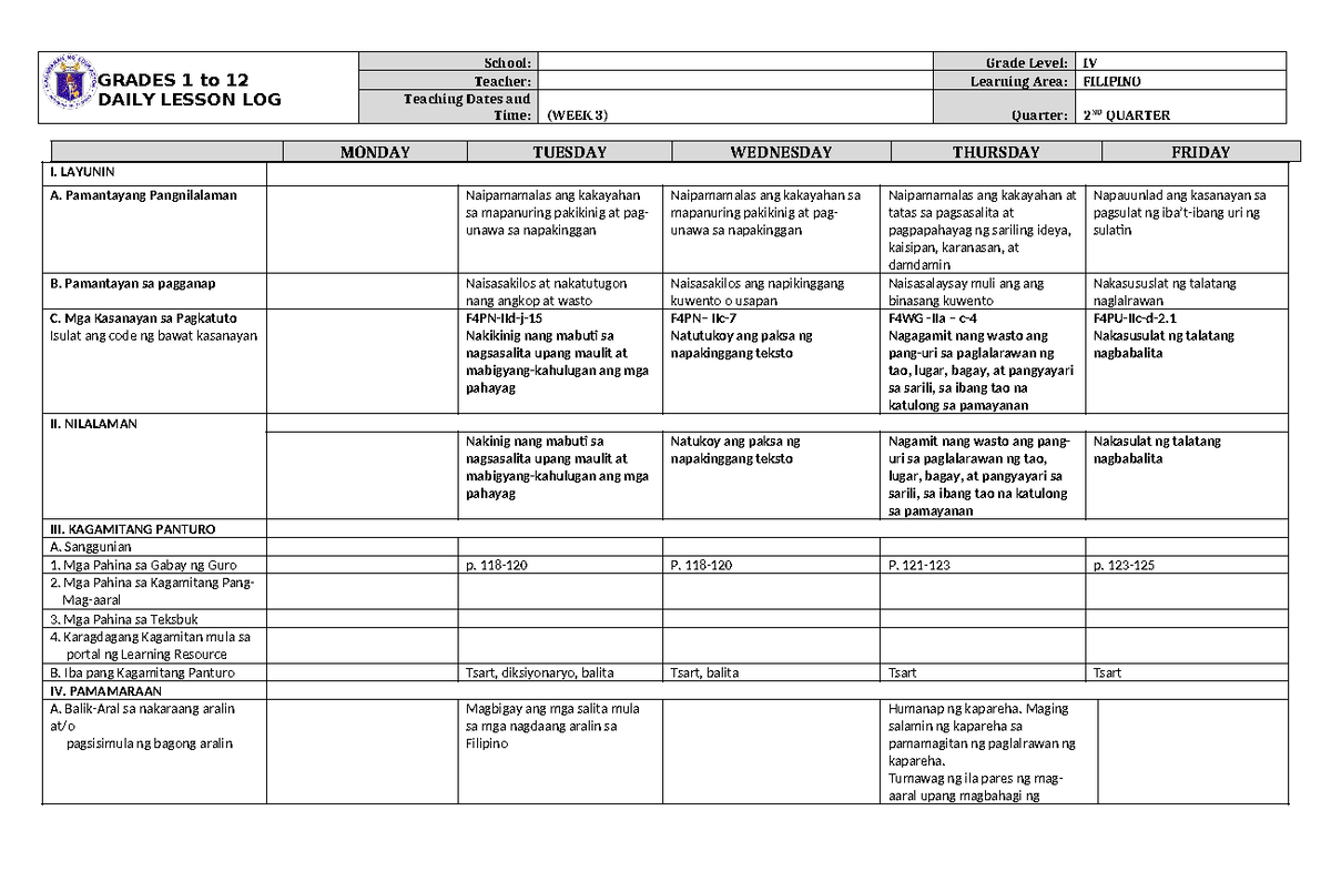 DLL Filipino 4 Q2 W3 - GRADES 1 to 12 DAILY LESSON LOG School: Grade Level: IV Teacher: Learning ...