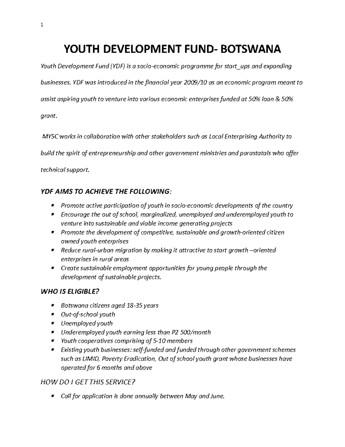 Youth Development FUND ( Mogae Letsogile) - 1 YOUTH DEVELOPMENT FUND ...