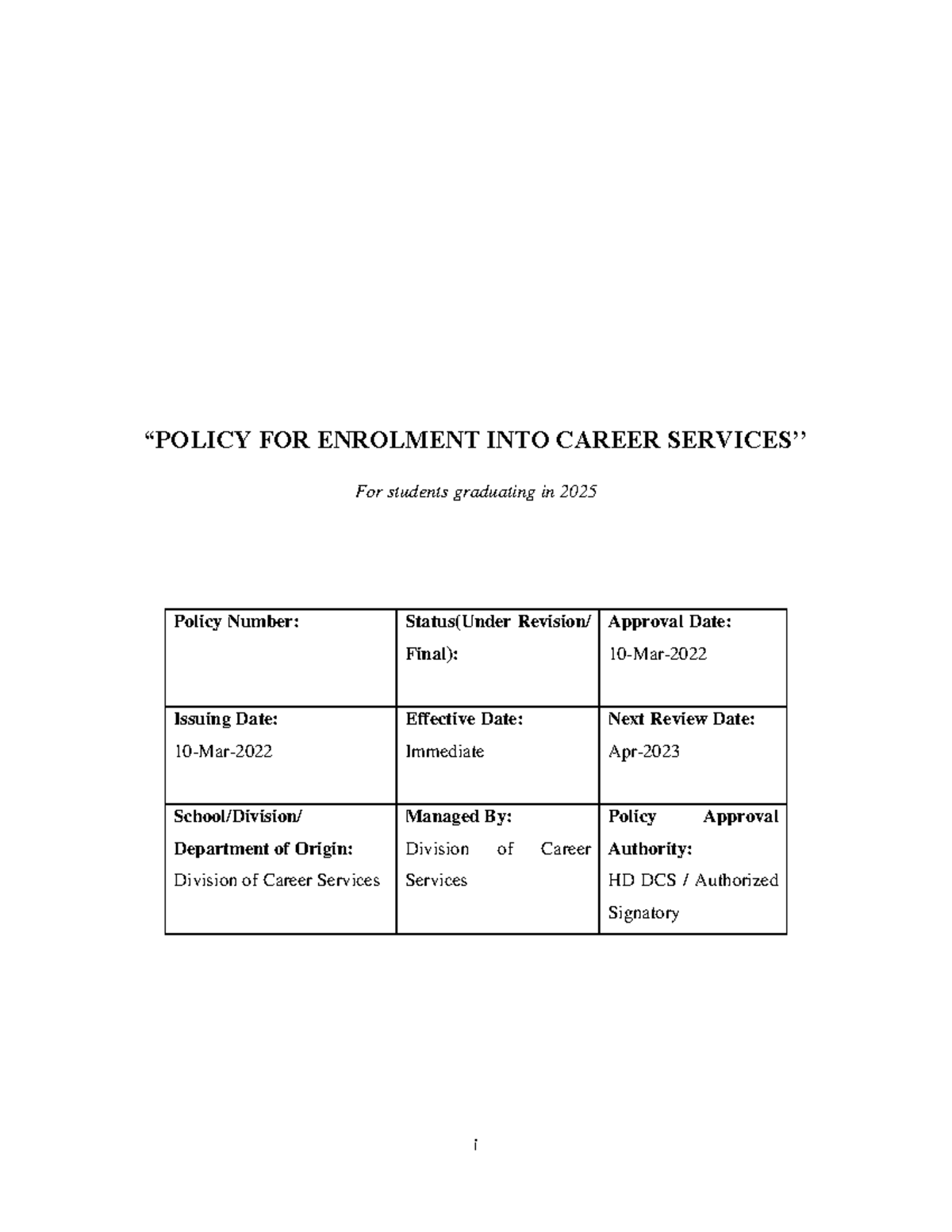 Career Services Policy 2025 - i “POLICY FOR ENROLMENT INTO CAREER ...