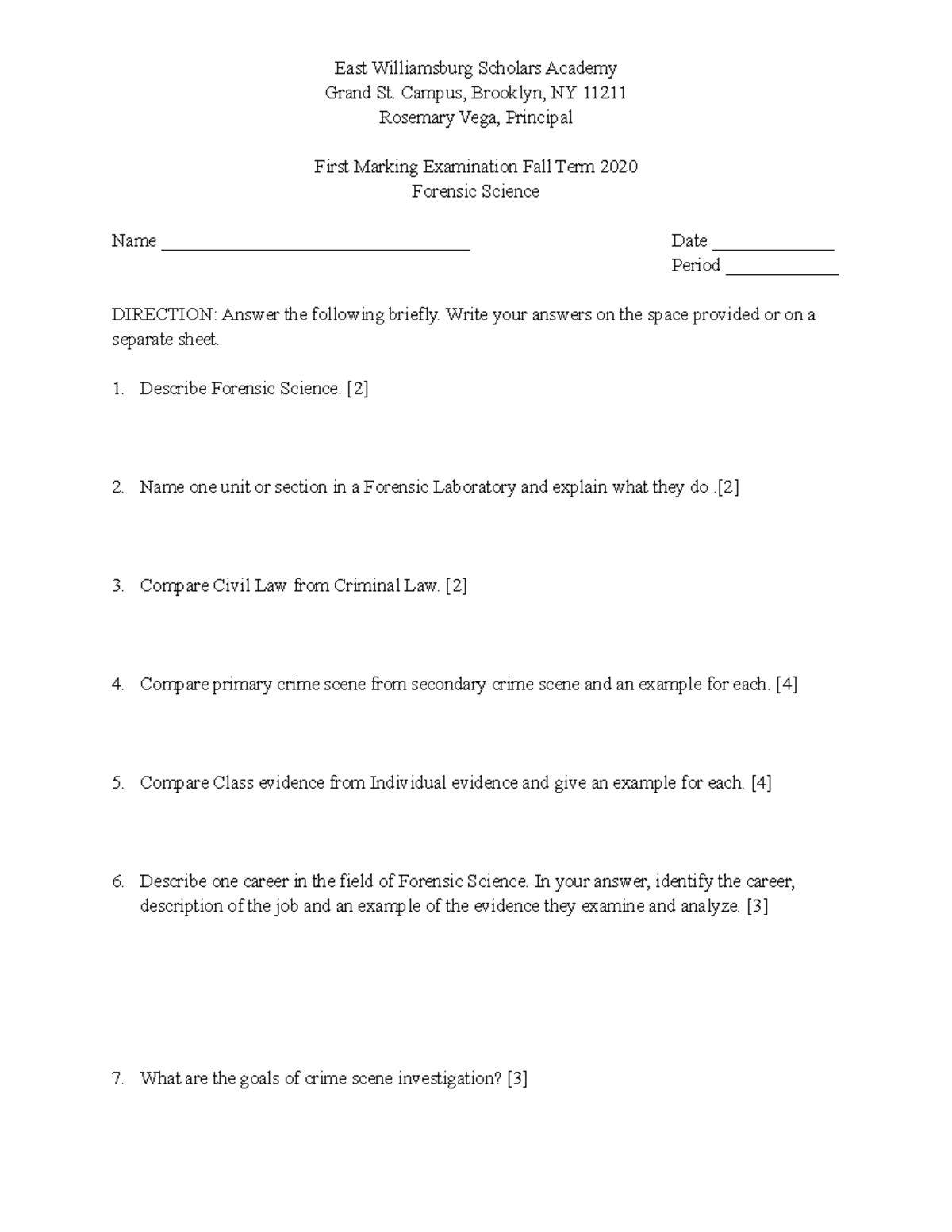 - First Marking Exam Forensic Science - East Williamsburg Scholars ...