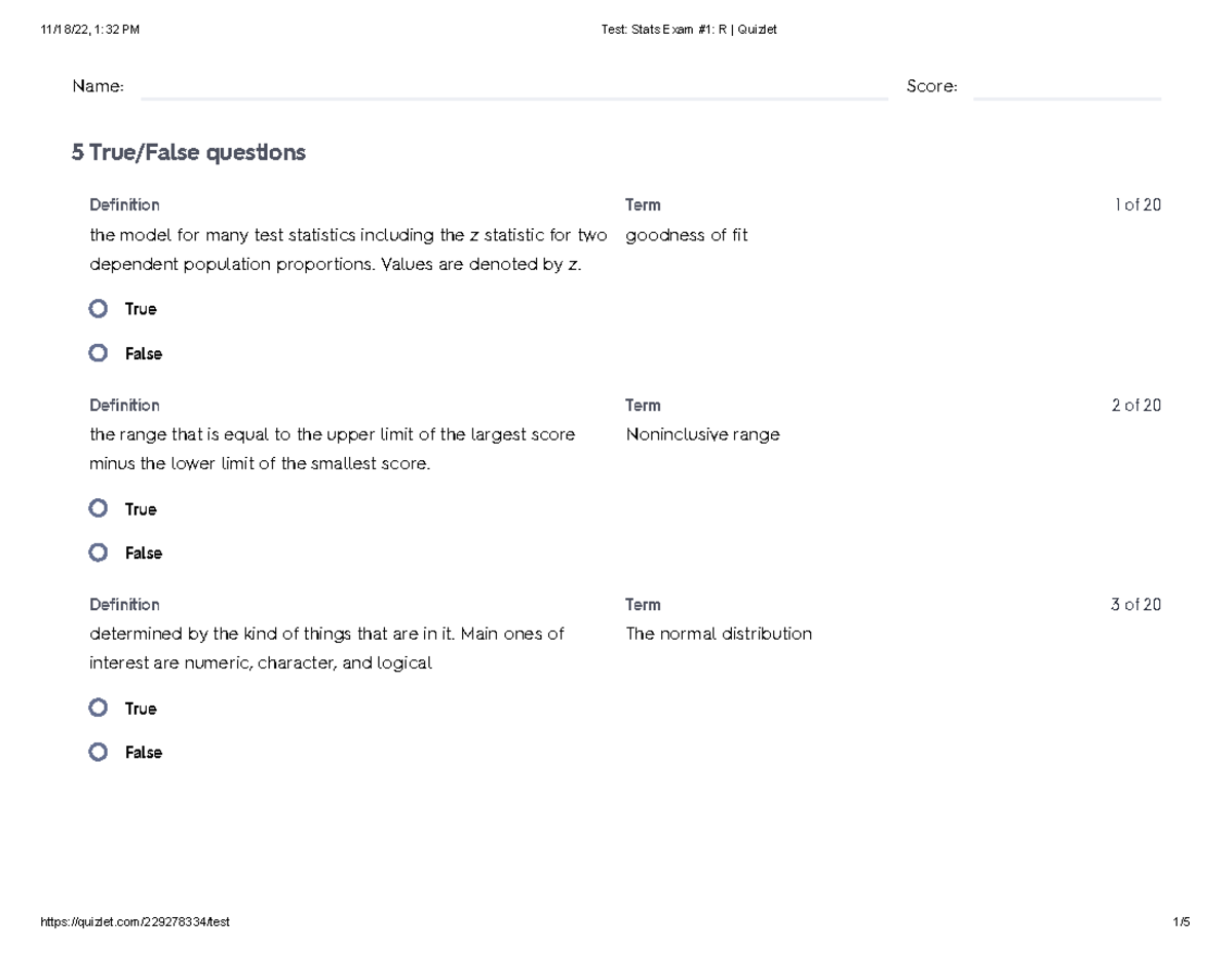 Test Stats Exam #1 R Quizlet - Name: Score: 5 True/False questions ...
