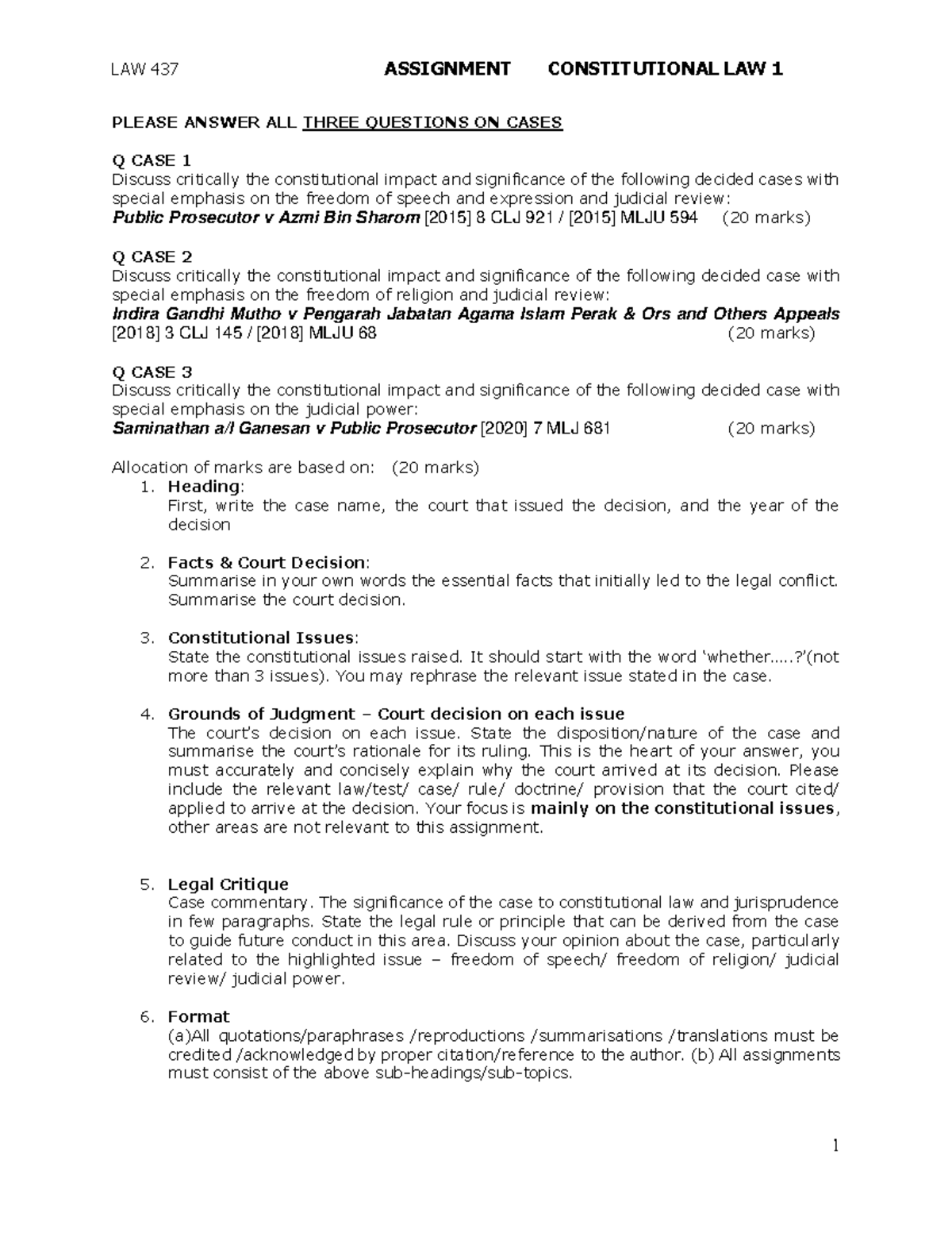 LAW437 Assignment I CASE Review 2020 - PLEASE ANSWER ALL THREE ...