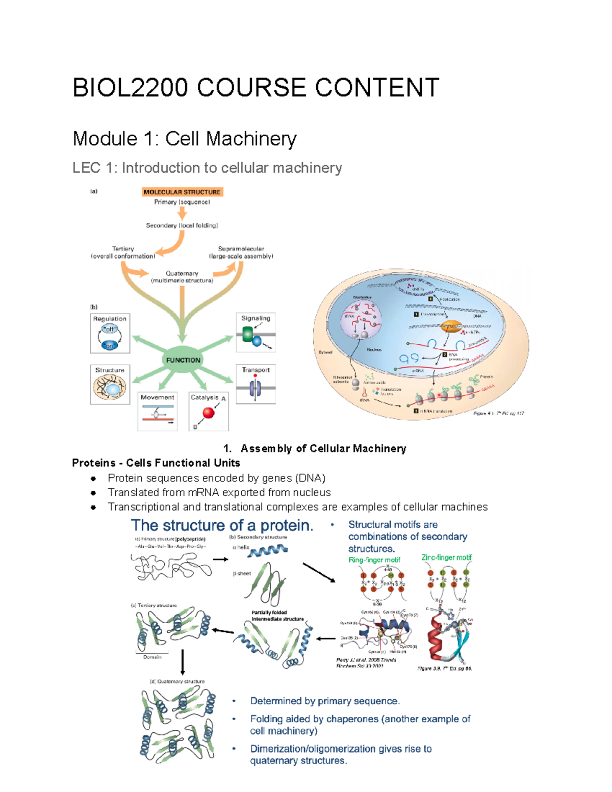 BIOL2200 Course Content MOD 1 - BIOL2200 COURSE CONTENT Module 1: Cell ...