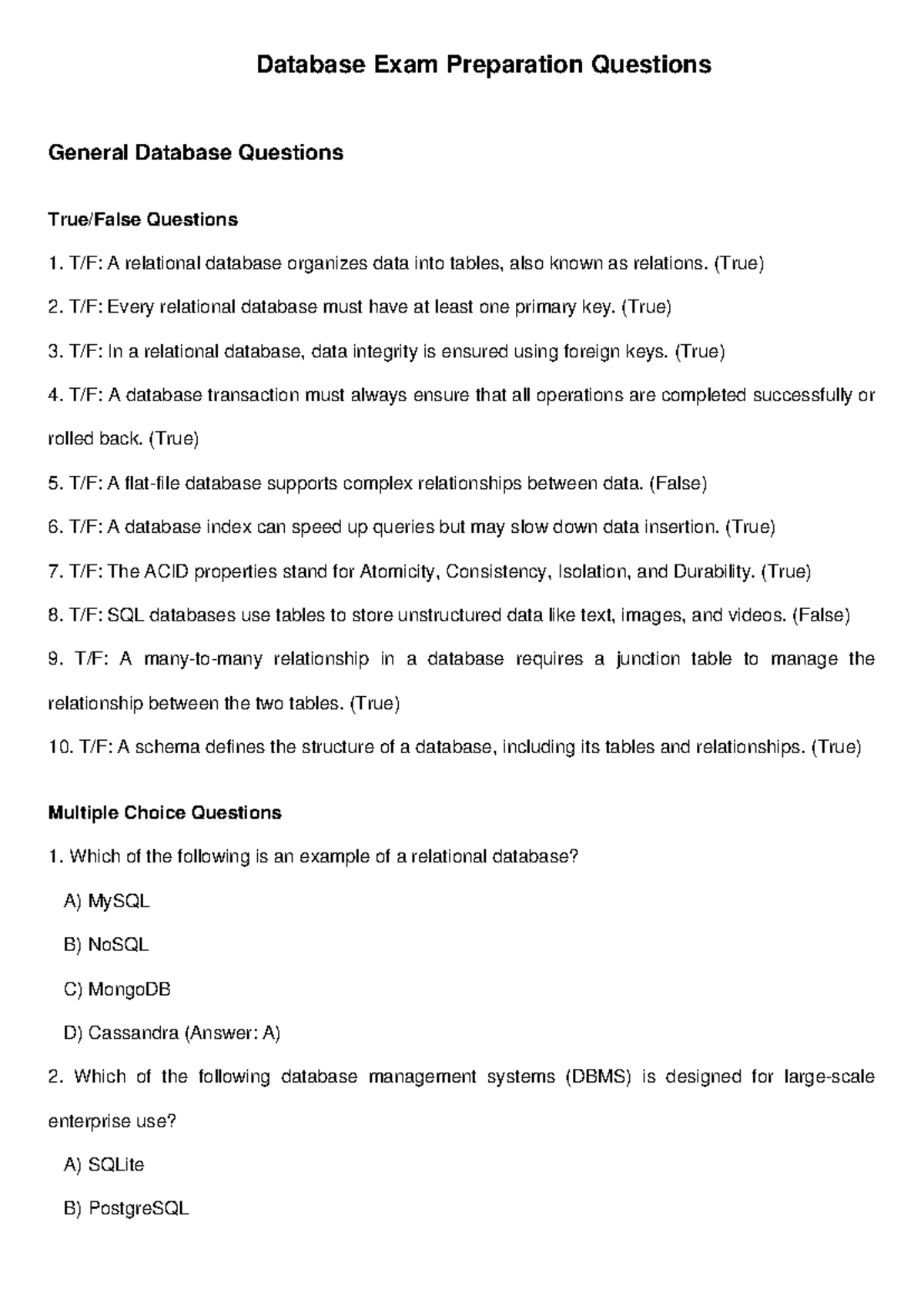 Database Exam Questions - Database Exam Preparation Questions General ...