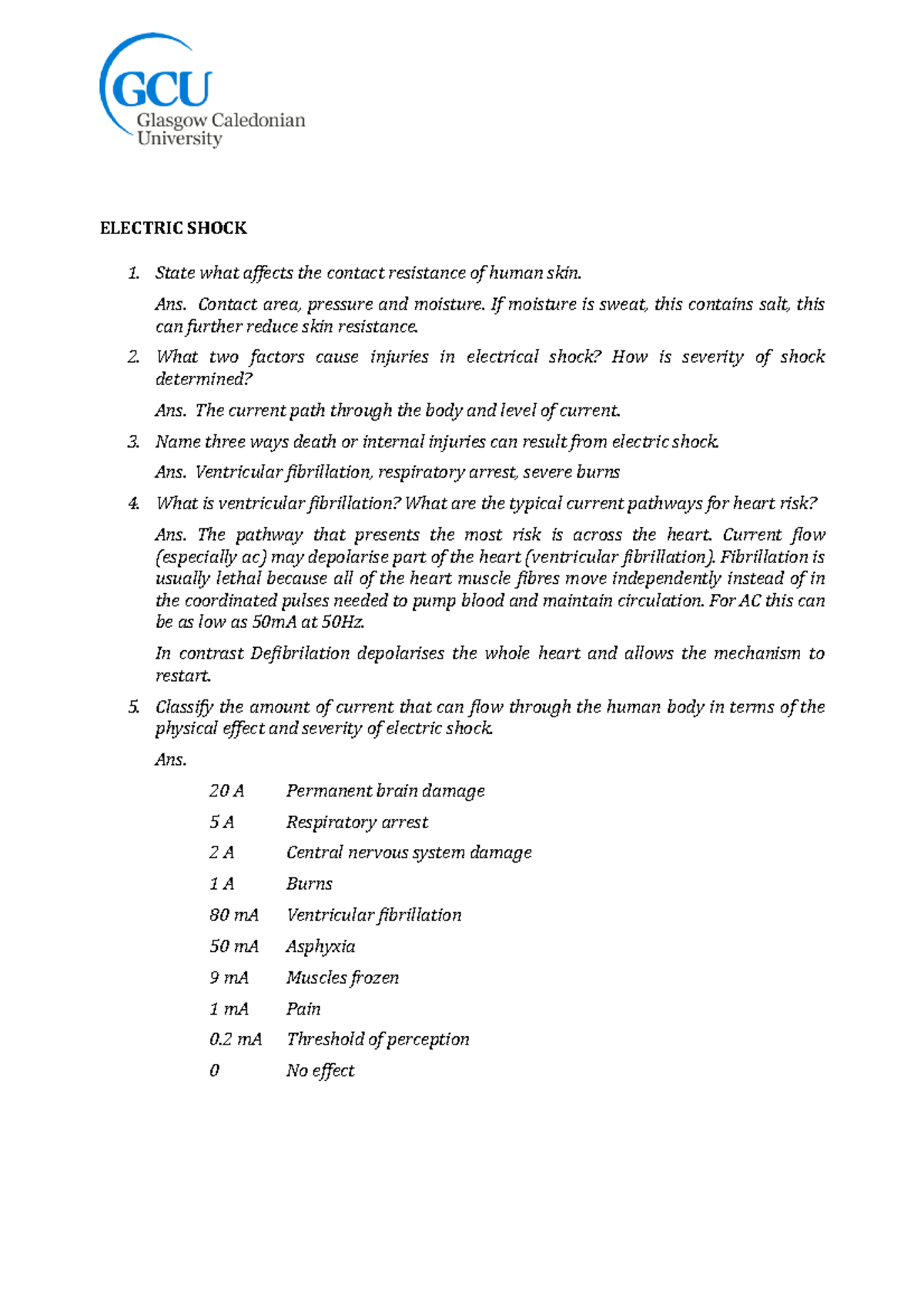 Short Questions - Electric Shock - Answers - ELECTRIC SHOCK 1. State ...