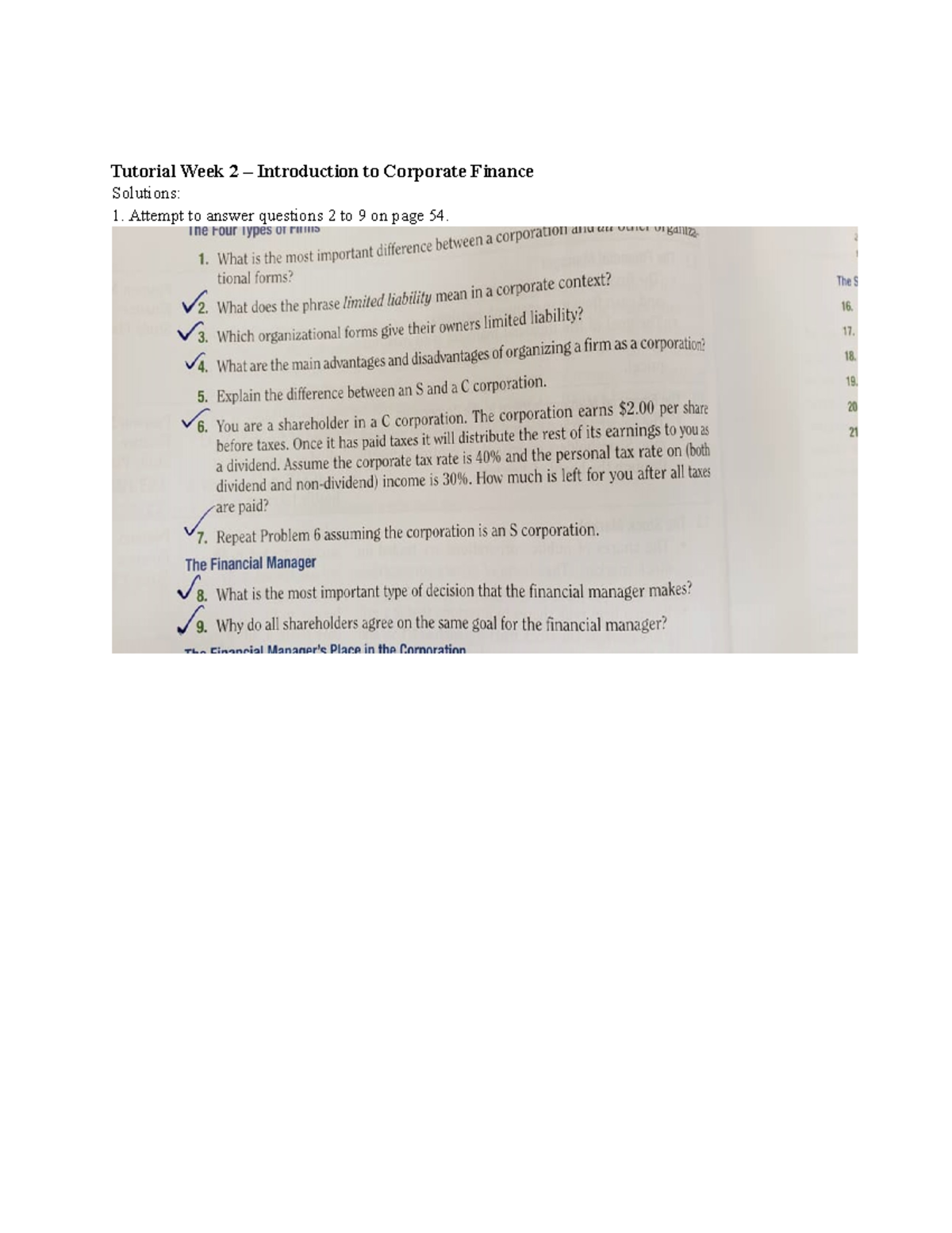 Tutorial Week 2 solutions - Tutorial Week 2 – Introduction to Corporate ...