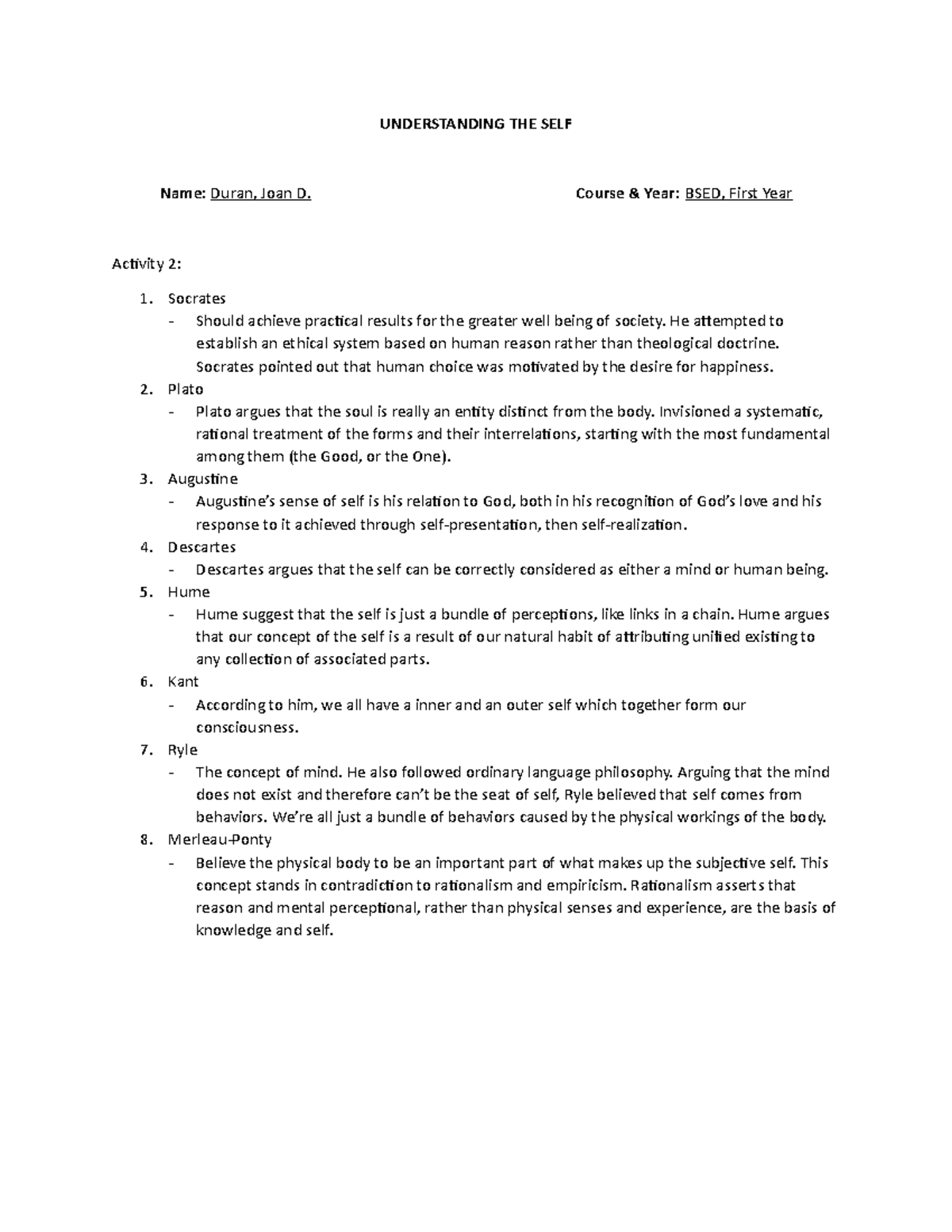 Understanding THE SEL1 Activity 2 - UNDERSTANDING THE SELF Name: Duran ...