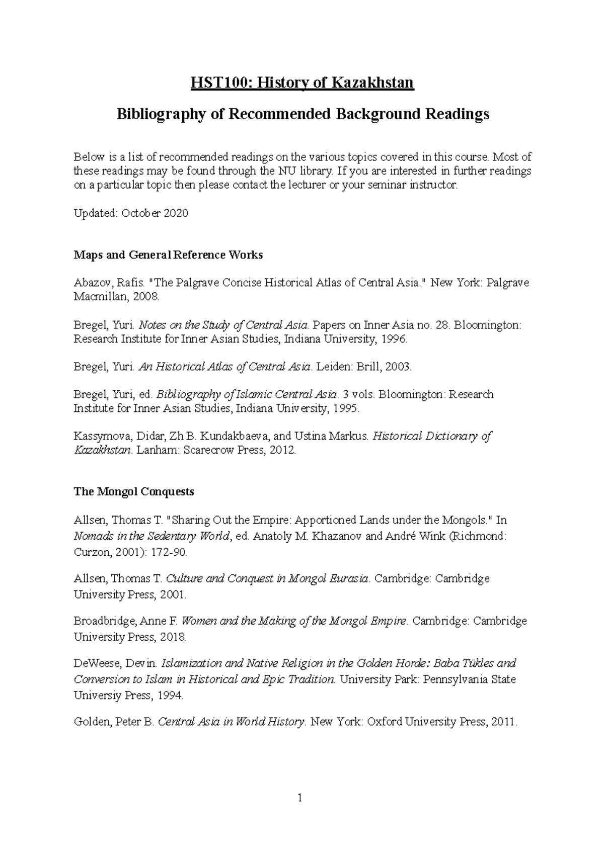 Bibliography of Recommended Background Readings - 1 HST100: History of ...