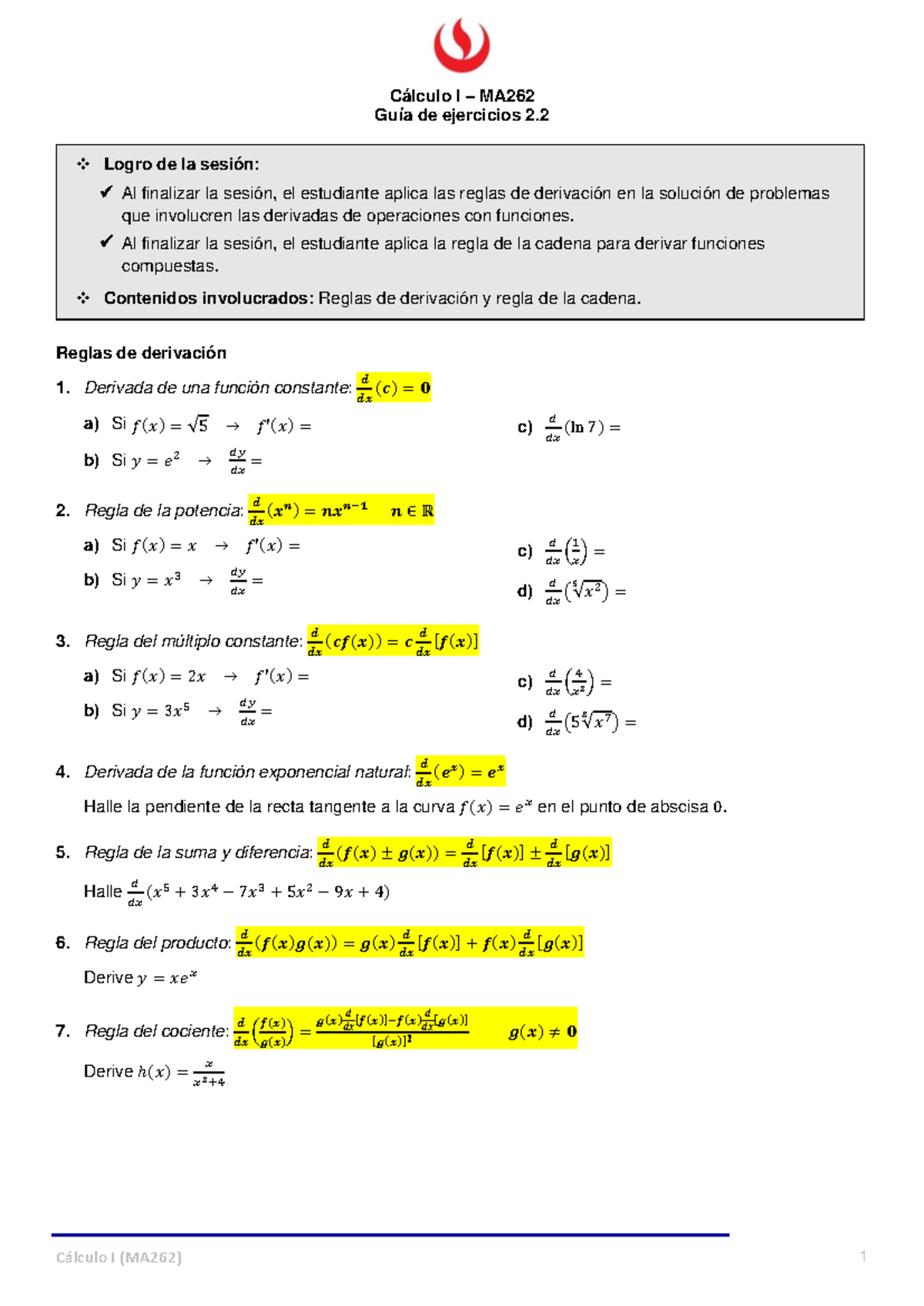 MA262 Gu a de ejercicios 2 - 1 Cálculo I – MA Guía de ejercicios 2. 2 Logro de la sesión: Al ...