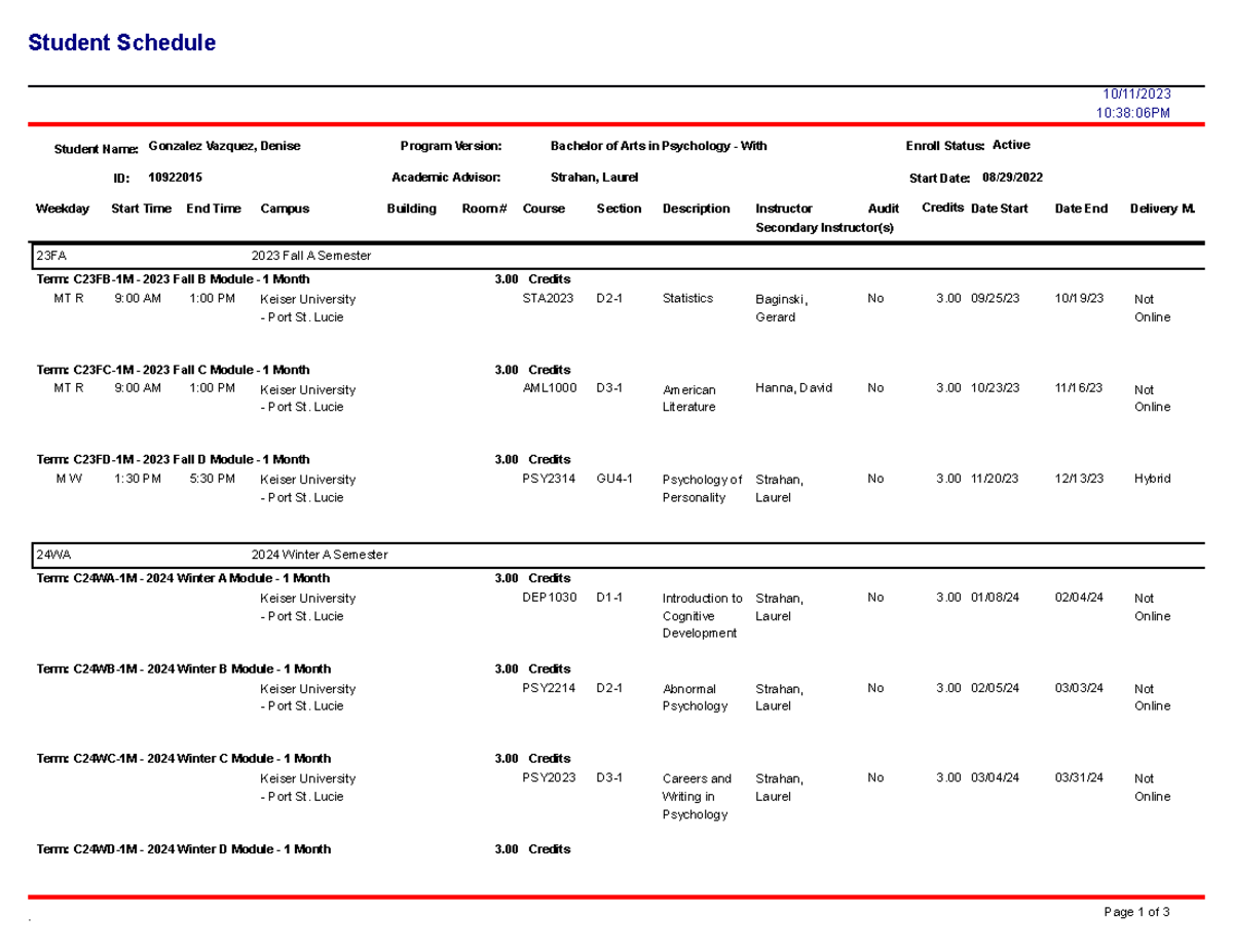 My Schedule Report-2 - Student Schedule 10/11/ 10:38:06PM Student Name ...