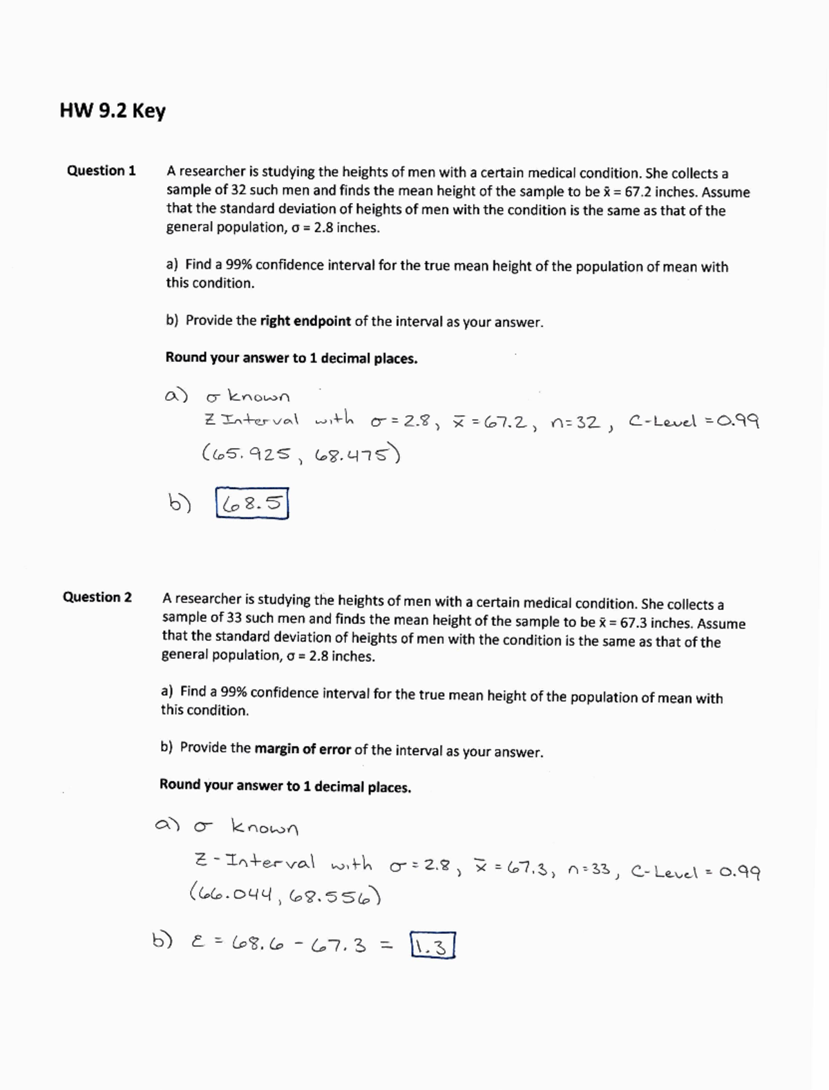 HW 9.2 Key - fundamentals of statistics chapter 9 section 2 - MATH 1016 ...