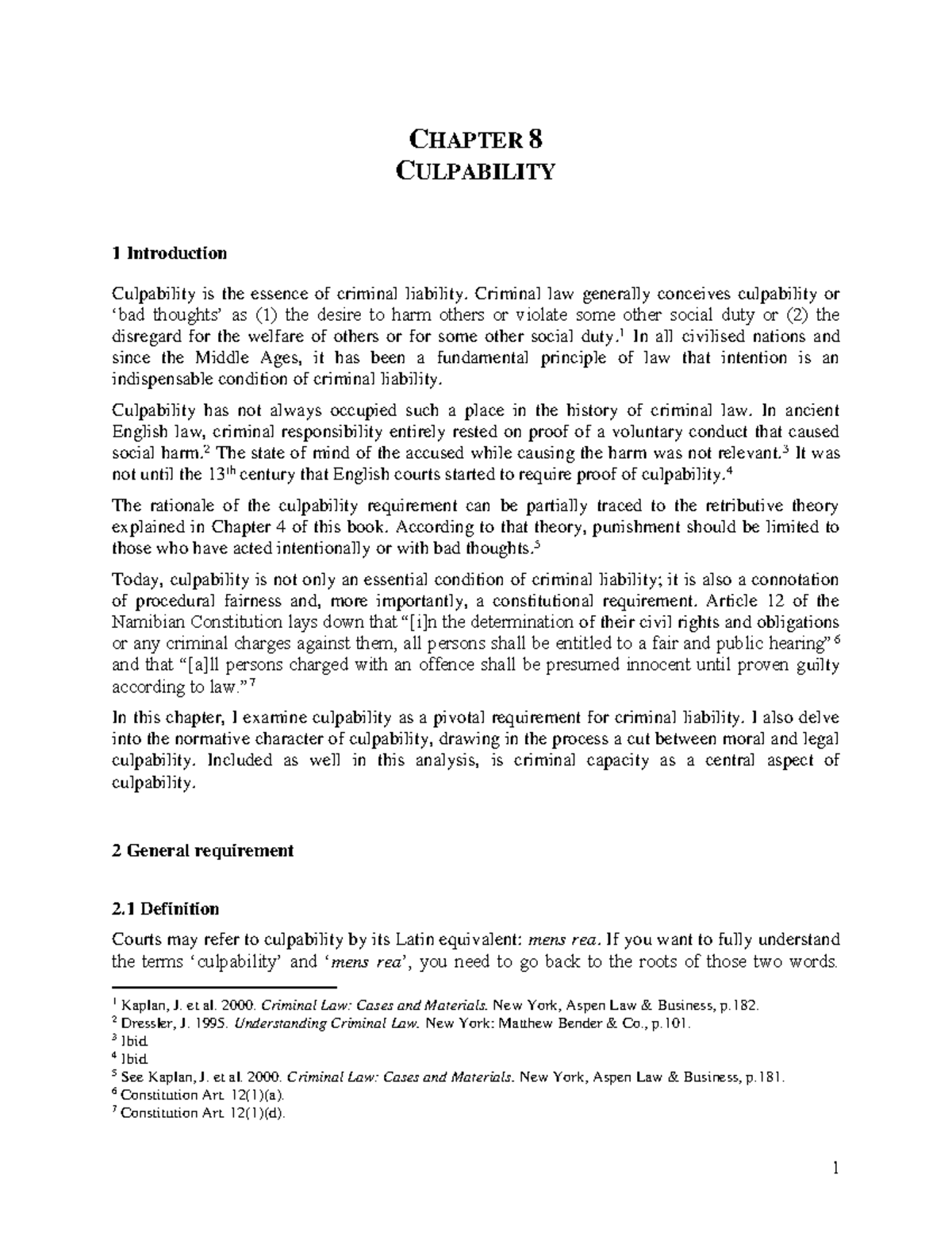 #8 Culpability - Criminal Law 1 - CHAPTER 8 CULPABILITY 1 Introduction ...
