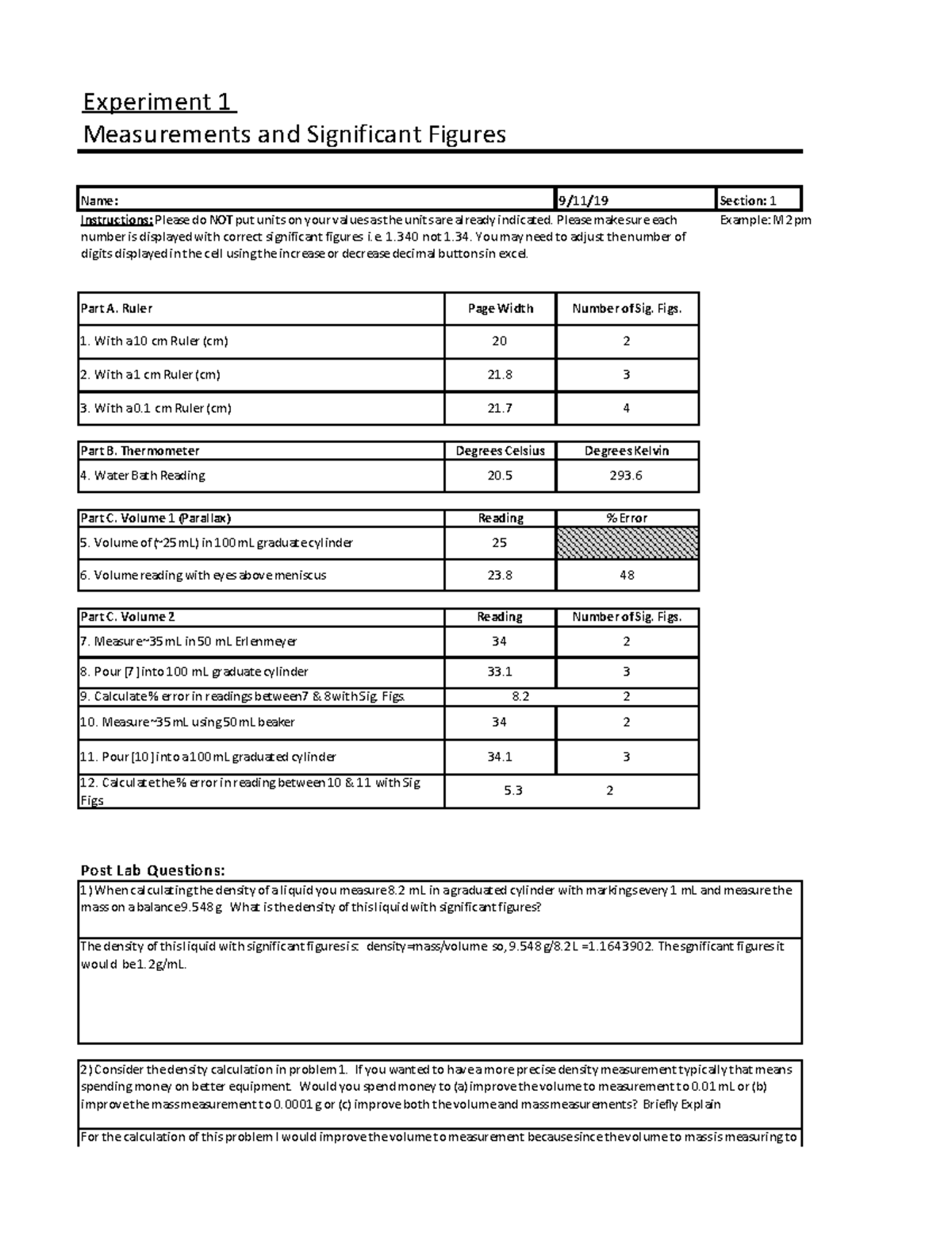 Lab1 Sig Figs Data Report - Experiment 1 Measurements and Significant ...