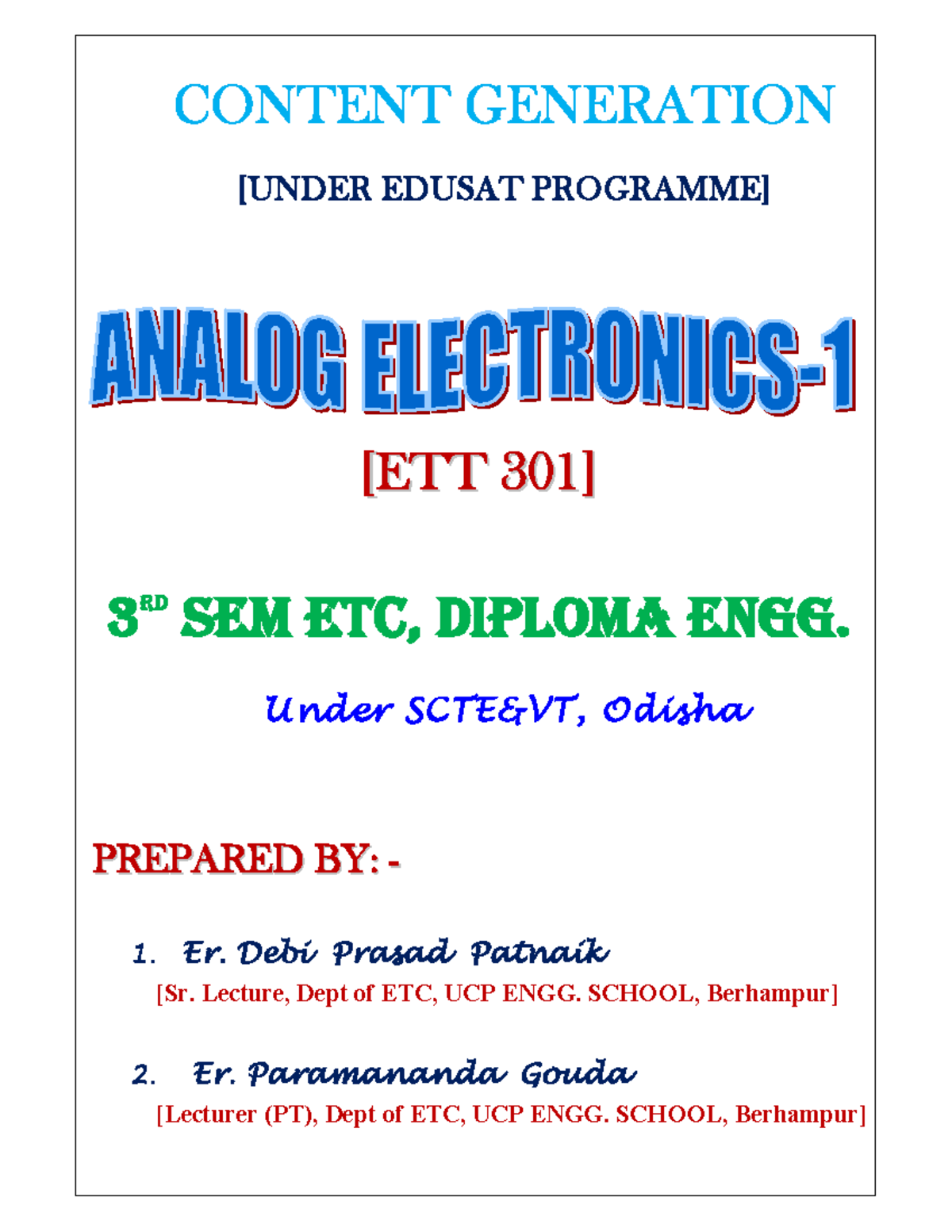 Analog Electronic - CONTENT GENERATION [UNDER EDUSAT PROGRAMME] [ [EETTTT 330011 ]] 3 RD SEM ETC ...