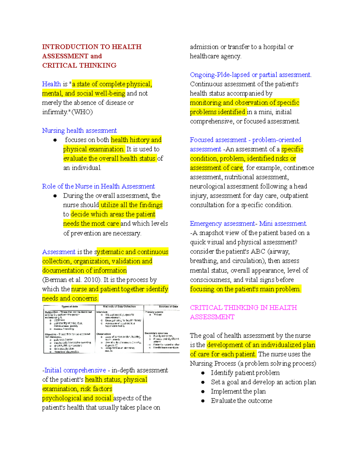H.A LAB Reviewer - INTRODUCTION TO HEALTH ASSESSMENT and CRITICAL ...