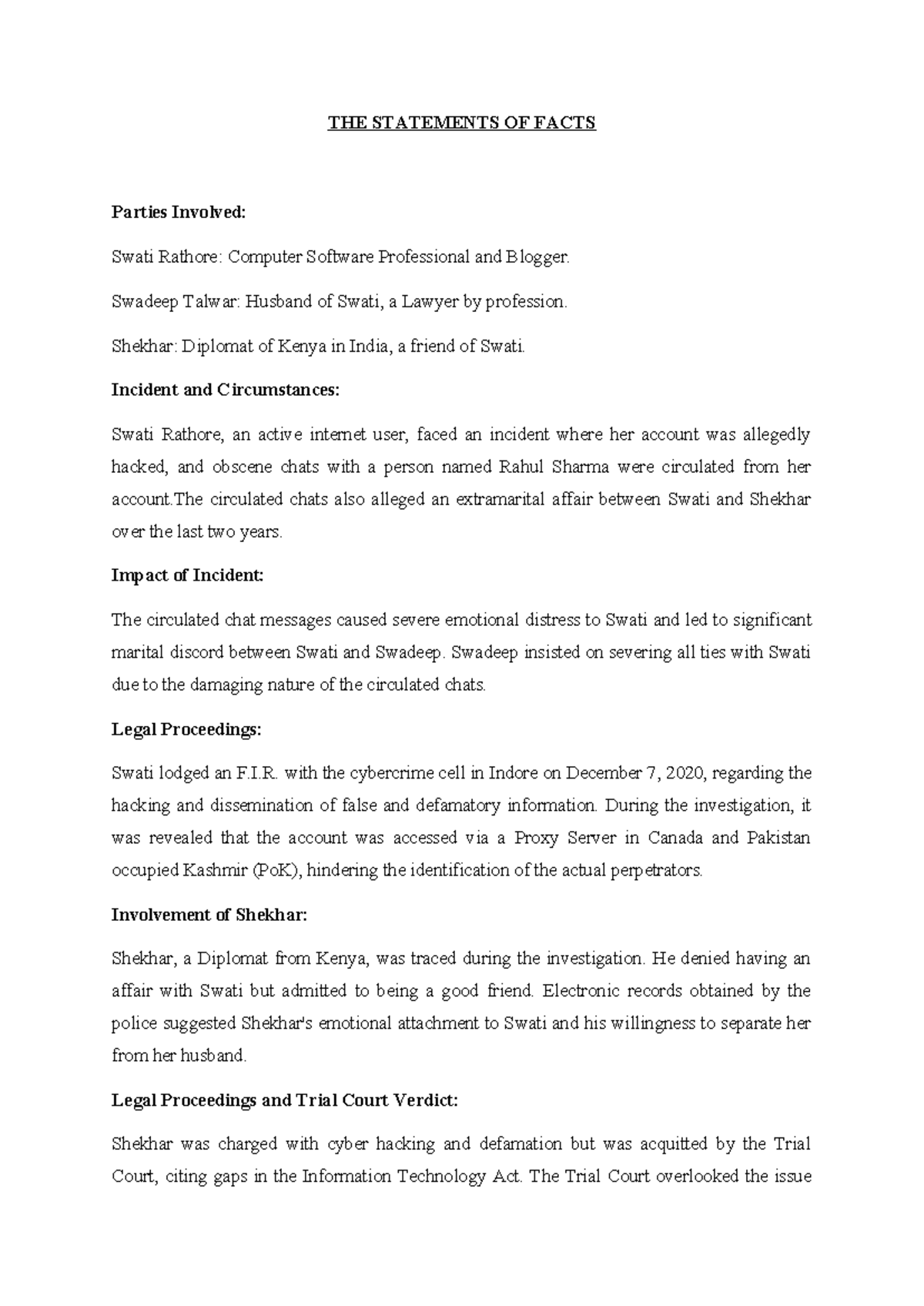 Civil - Helpful - THE STATEMENTS OF FACTS Parties Involved: Swati ...