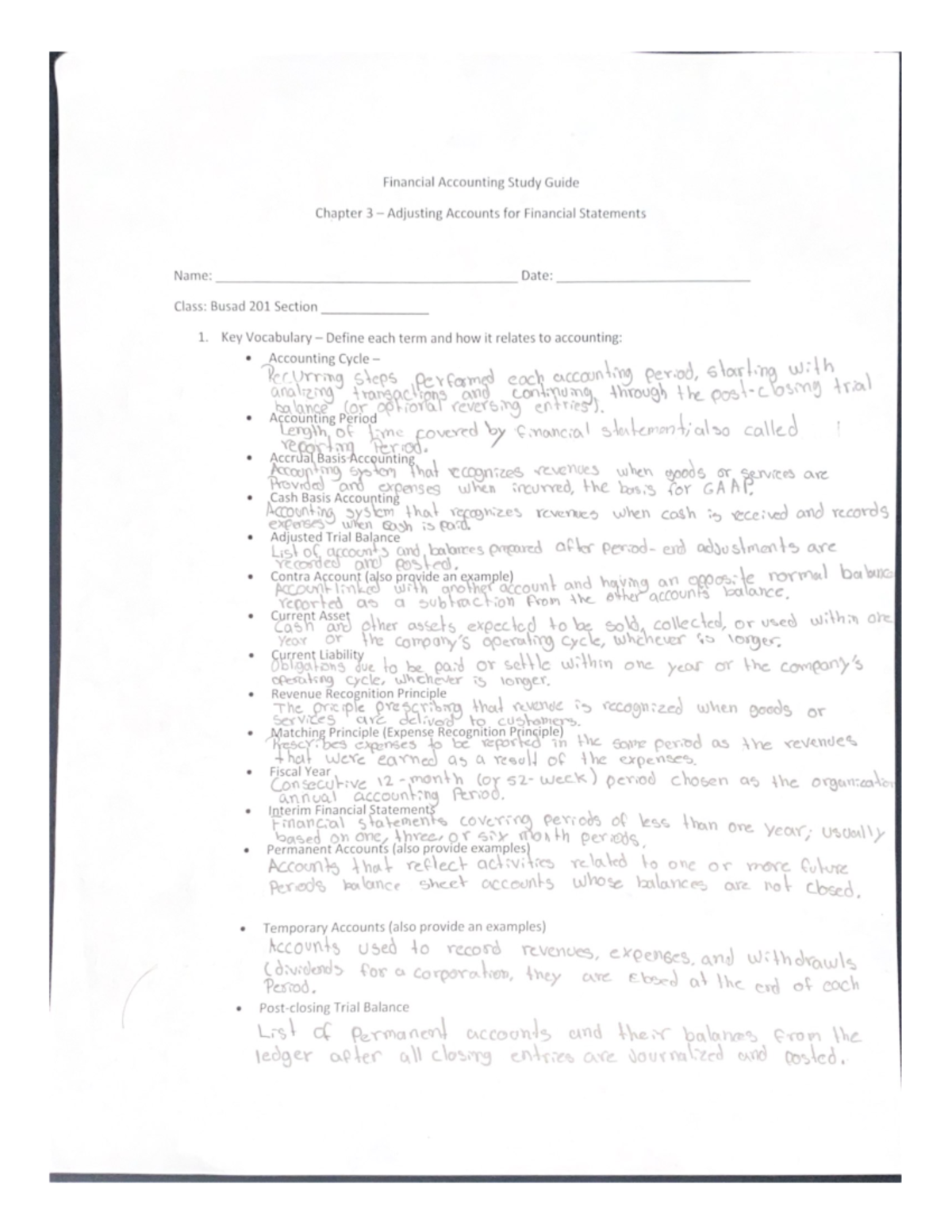 Financial Accounting Study Guide - Key Vocabulary Define each term and ...