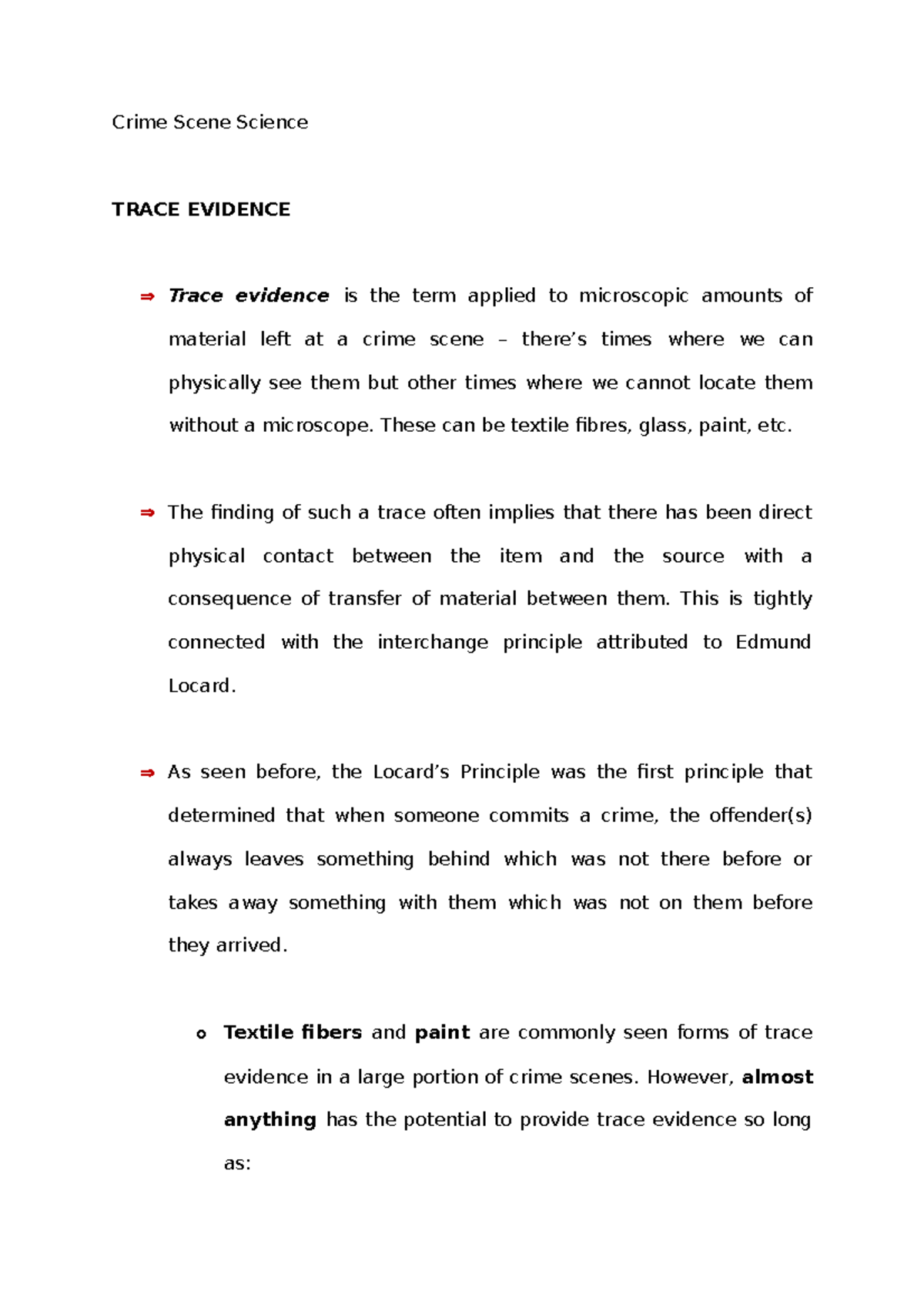 Trace Evidence Review - Crime Scene Science TRACE EVIDENCE Trace ...