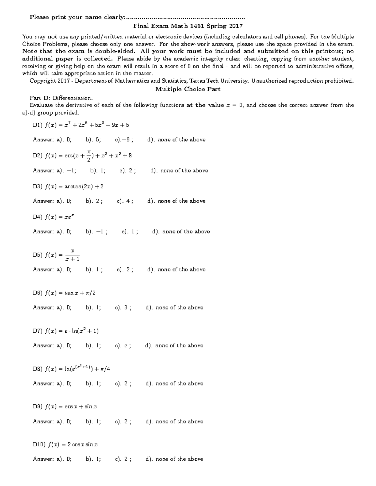 Math1451 2017 Spring Final - Please print your name - Studocu