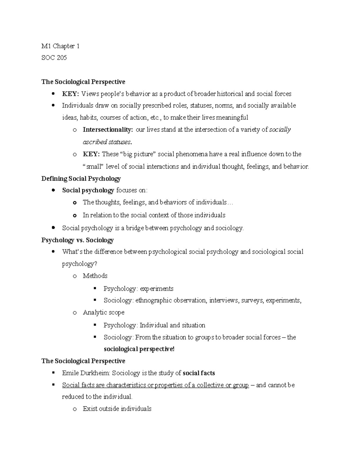 M1 Chapter 1 Notes - M1 Chapter 1 SOC 205 The Sociological Perspective ...
