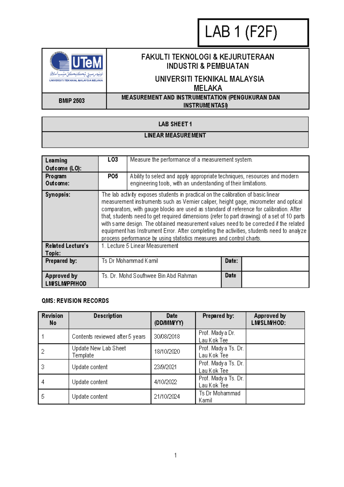 #-Linear - Lab measurement - 1 FAKULTI TEKNOLOGI & KEJURUTERAAN INDUSTRI & PEMBUATAN - Studocu