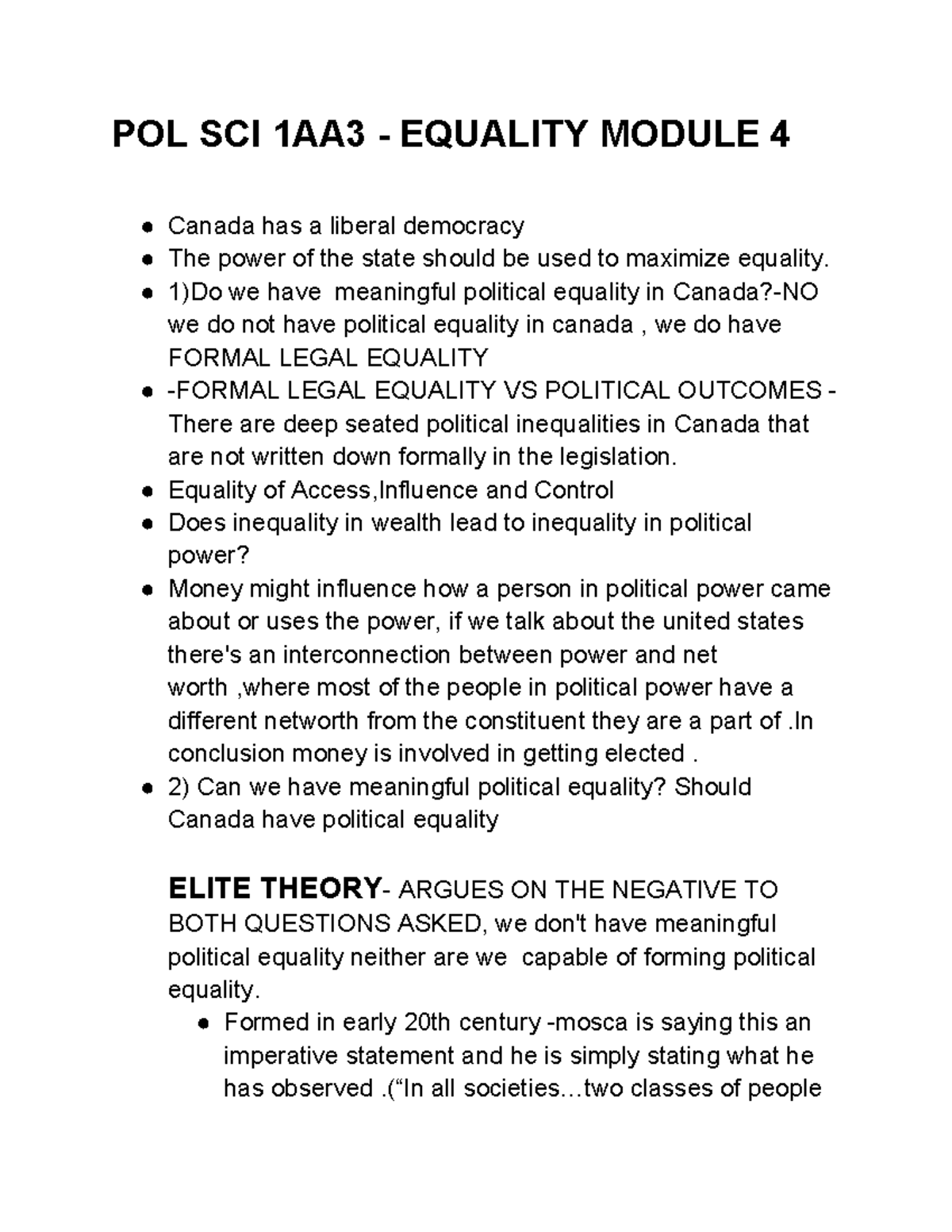 Equality Module 4 - lecture notes - POL SCI 1AA3 - EQUALITY MODULE 4 ...