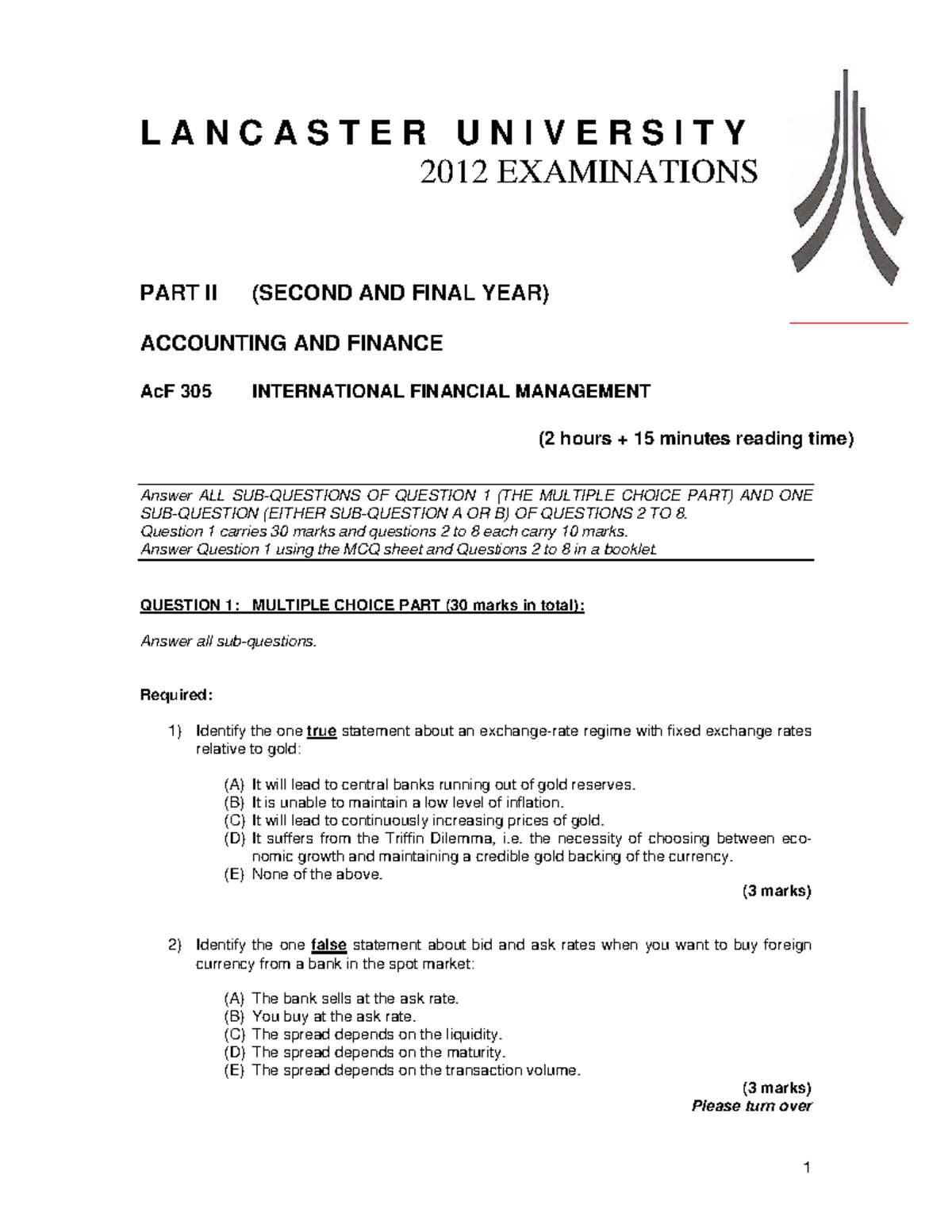 ACF 305 Exam 2012, questions - L A N C A S T E R U N I V E R S I T Y ...