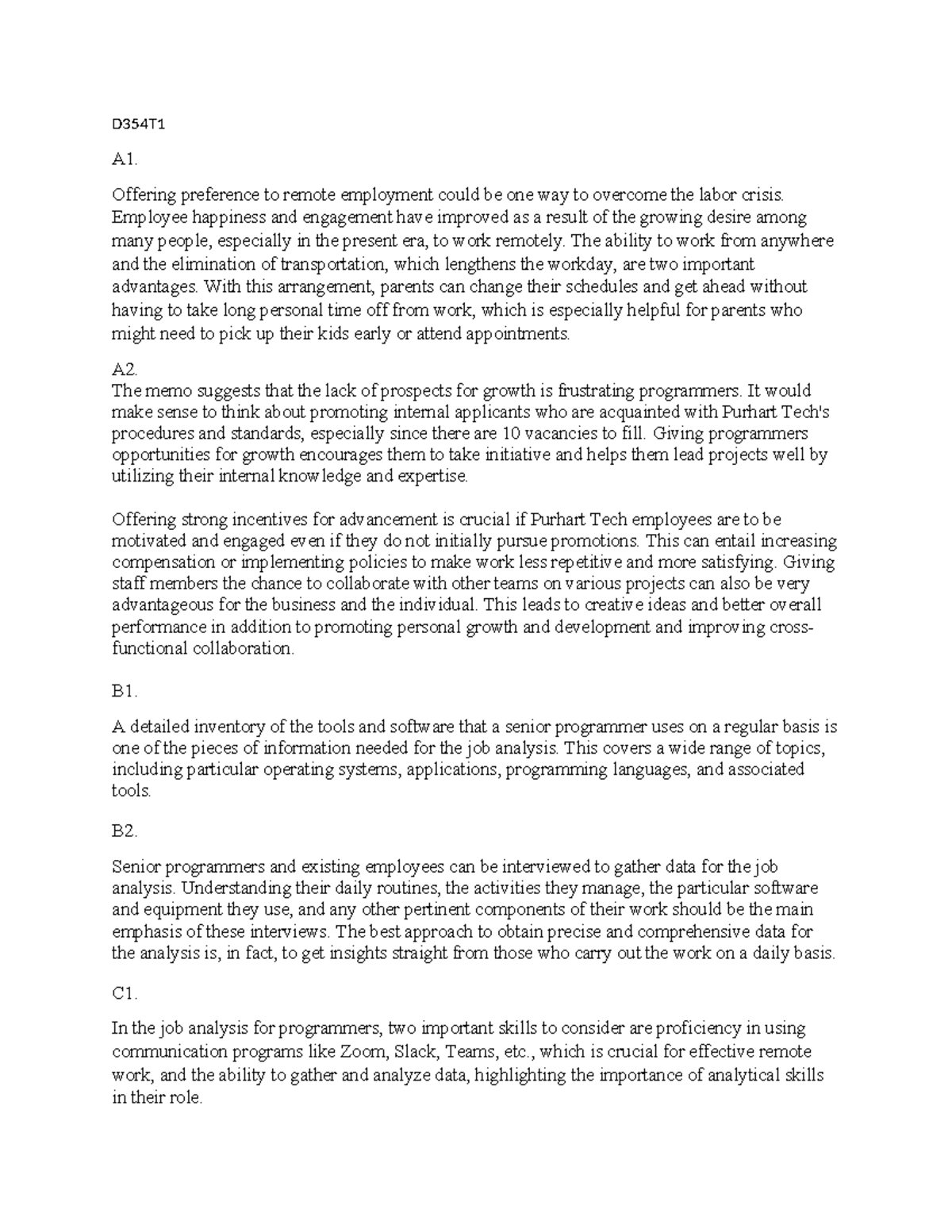 D354 T1 - PASSED. - D354T A1. Offering preference to remote employment ...