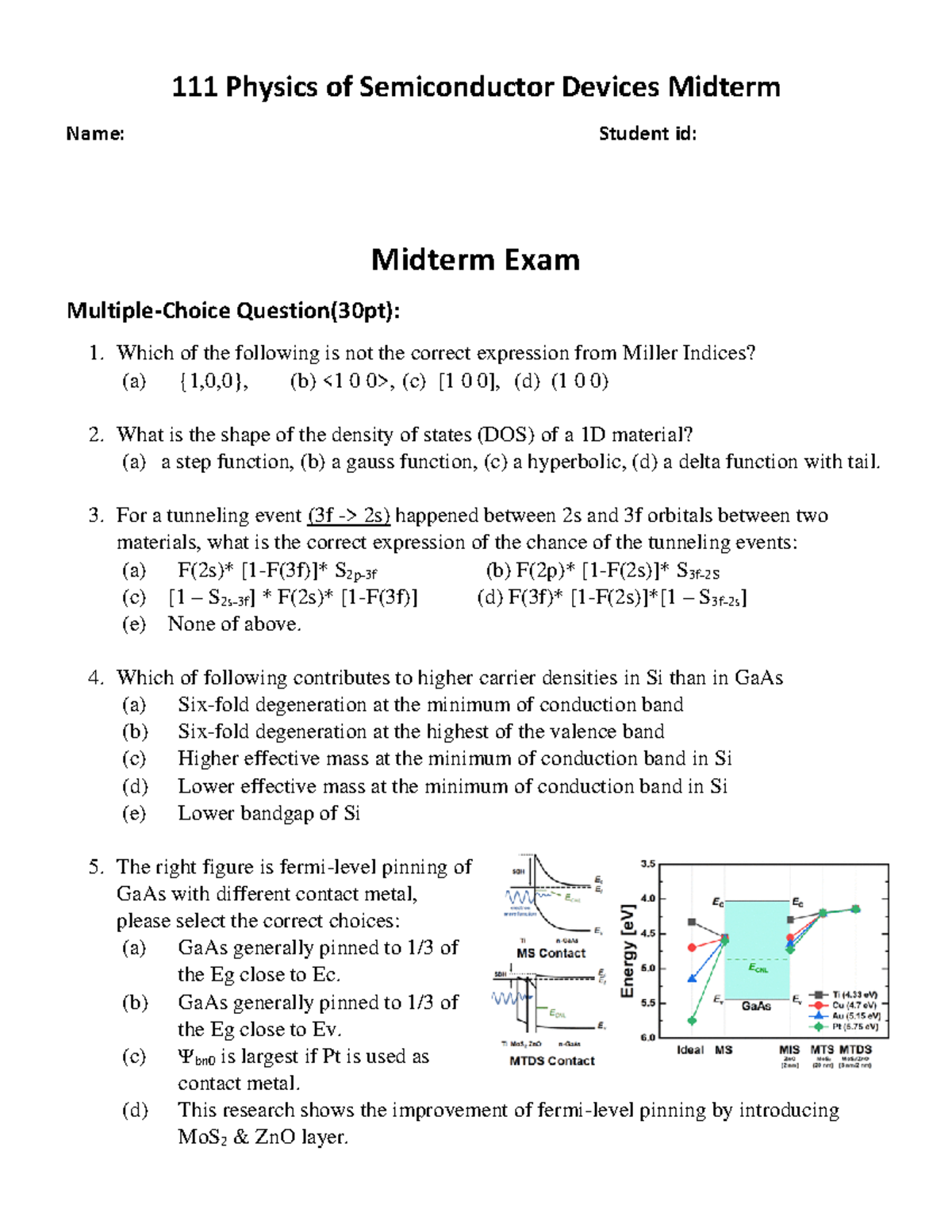 半導體元件物理Sample Midterm 11212022 v3 - 111 Physics of Semiconductor ...