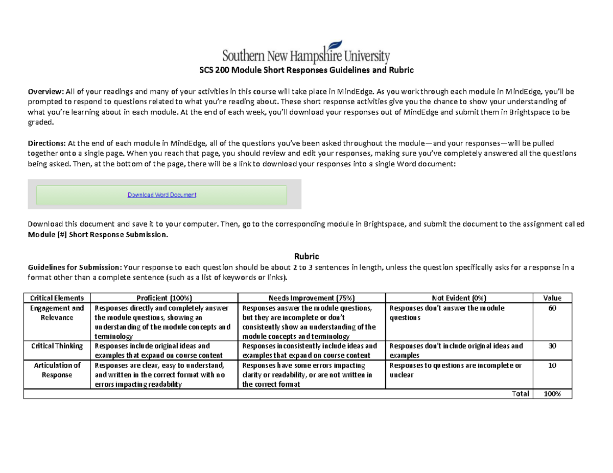 SCS 200 Module Short Responses Guidelines and Rubric-2 - As you work ...