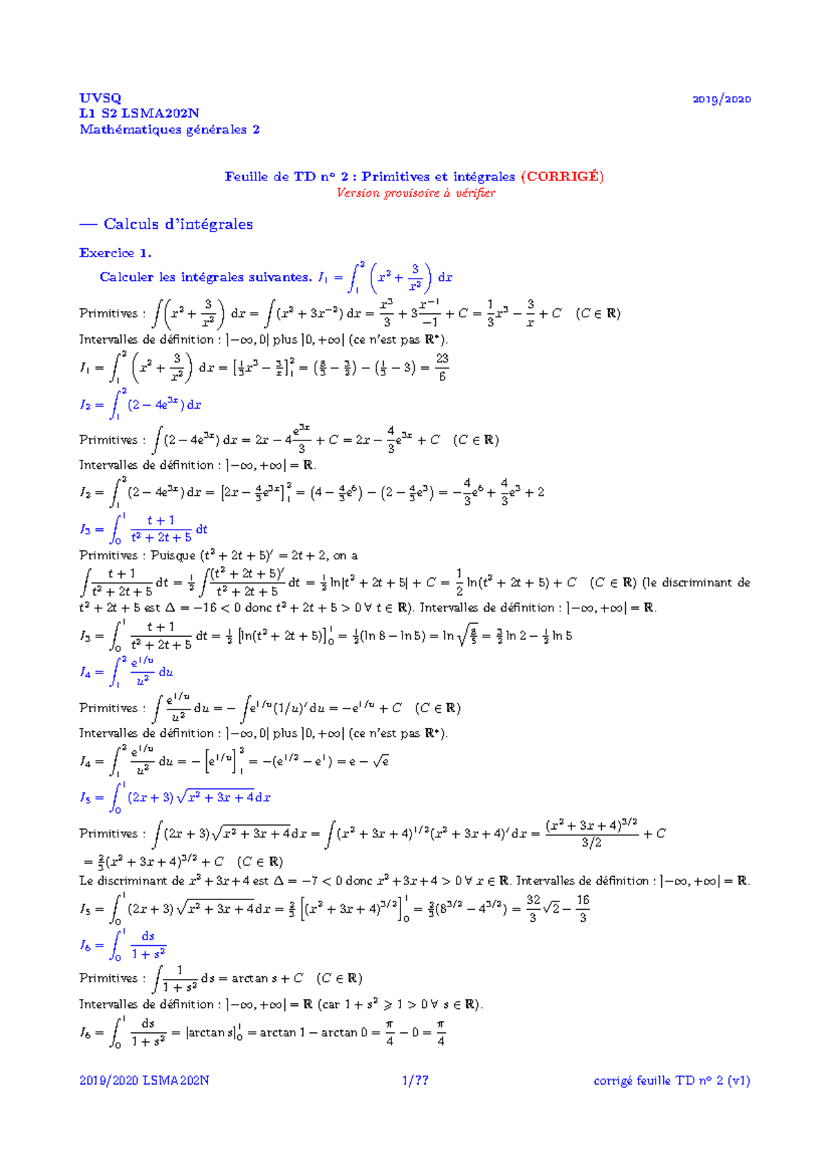 2019 MA202N TD02 integration corrige exos-1-7 - UVSQ / L1 S2 LSMA202N Mathématiques générales 2 ...