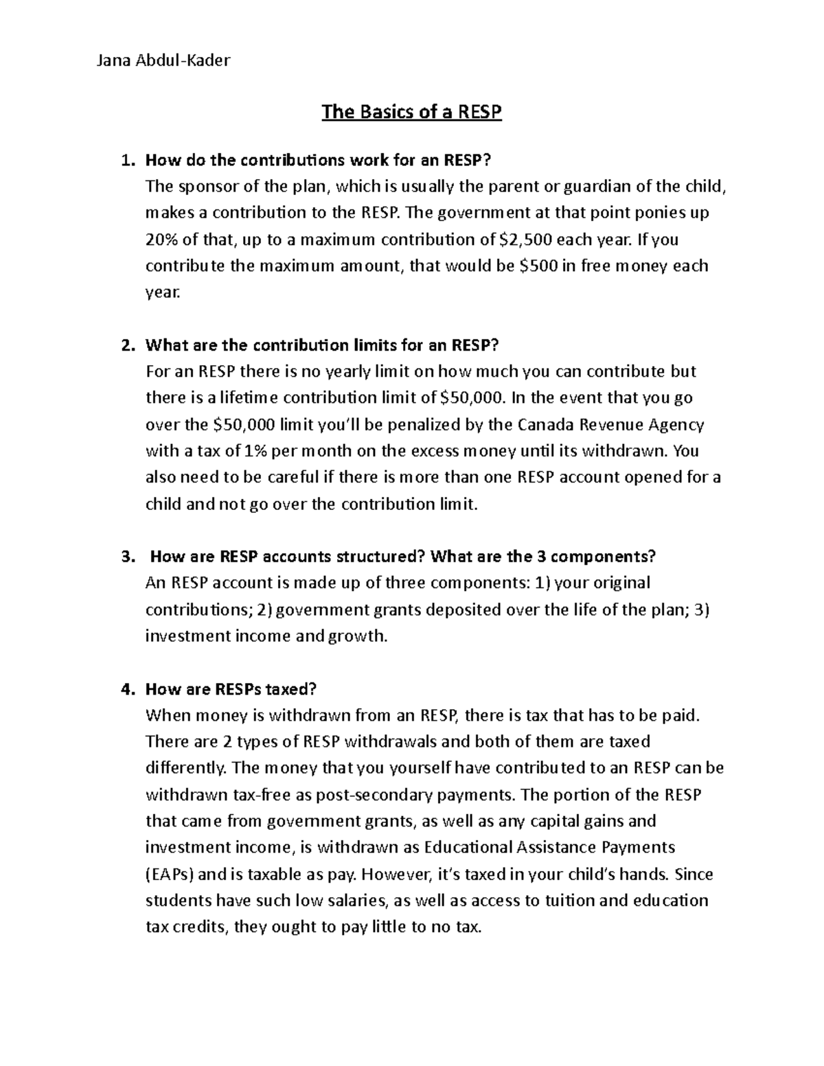 The Basics of a RESP - Note about RESP'S. - Jana Abdul-Kader The Basics ...