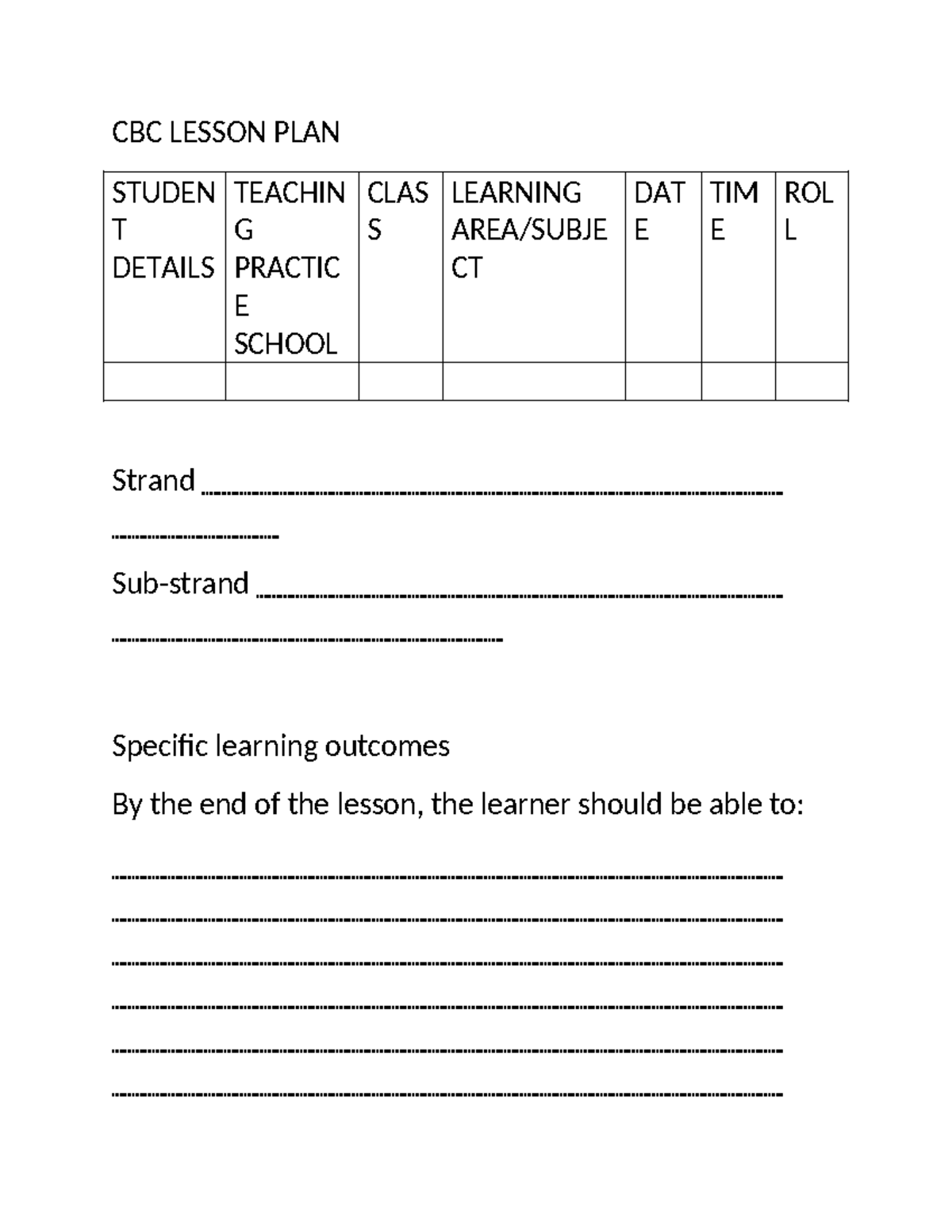 Business lesson plan - CBC LESSON PLAN STUDEN T DETAILS TEACHIN G ...