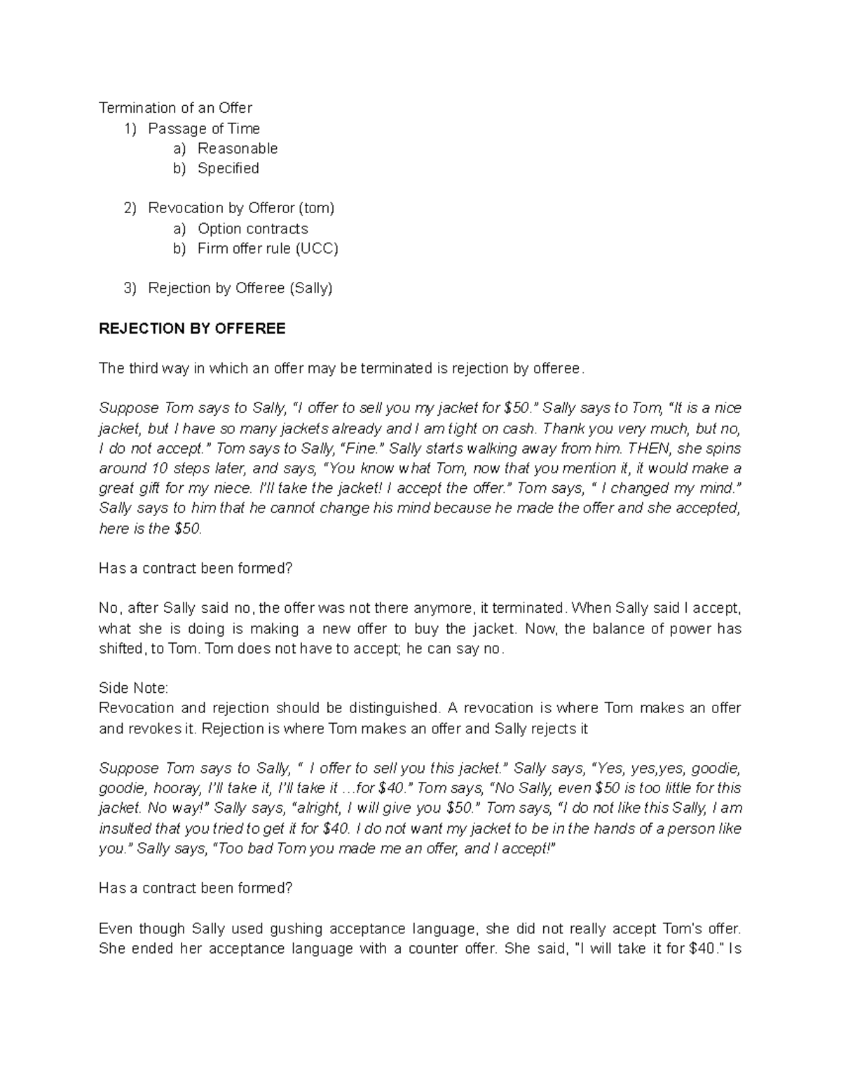 Business Law 09 09 - Notes - Termination of an Offer 1) Passage of Time ...