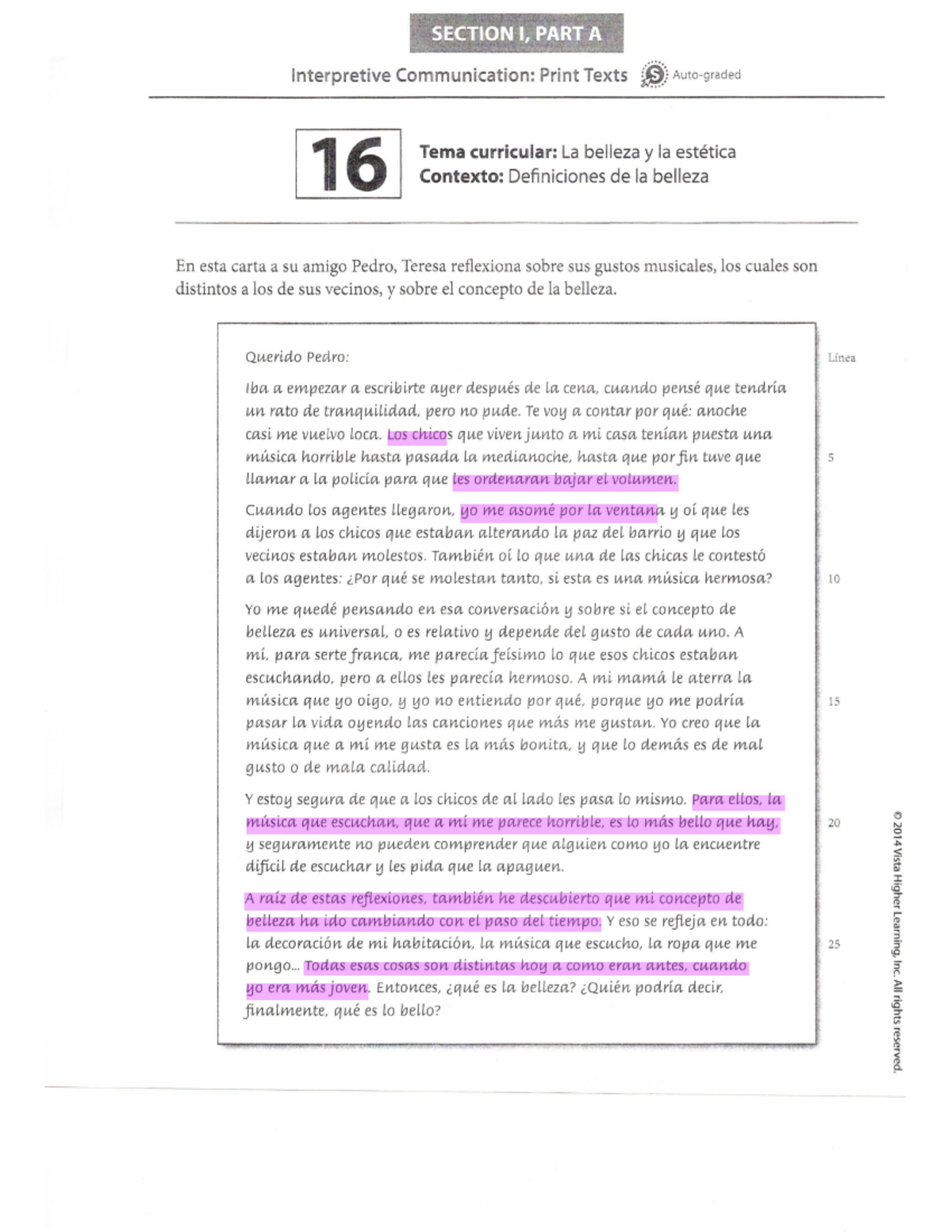 AP Spanish - Reading and Questions - SECTION l, PART A Interpretive ...