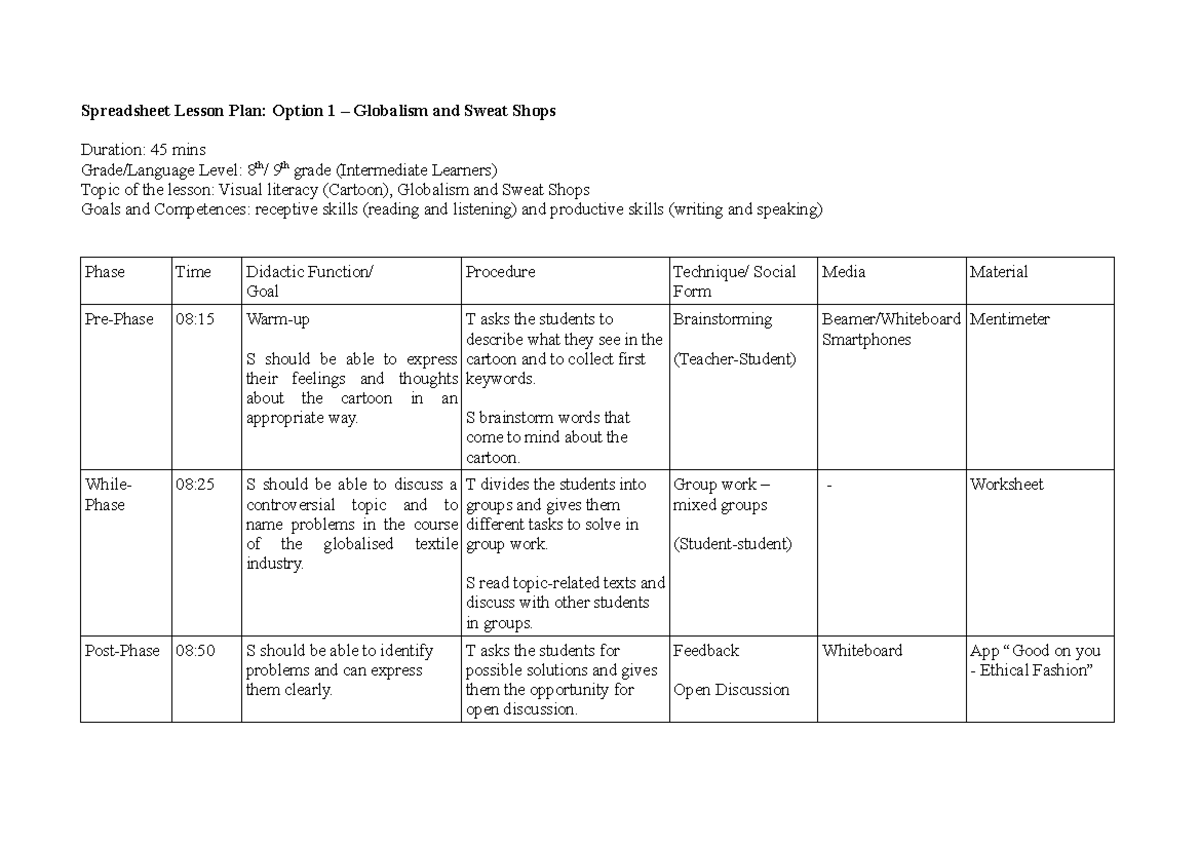 Spreadsheet Lesson Plan Fachdidaktik - Spreadsheet Lesson Plan: Option ...