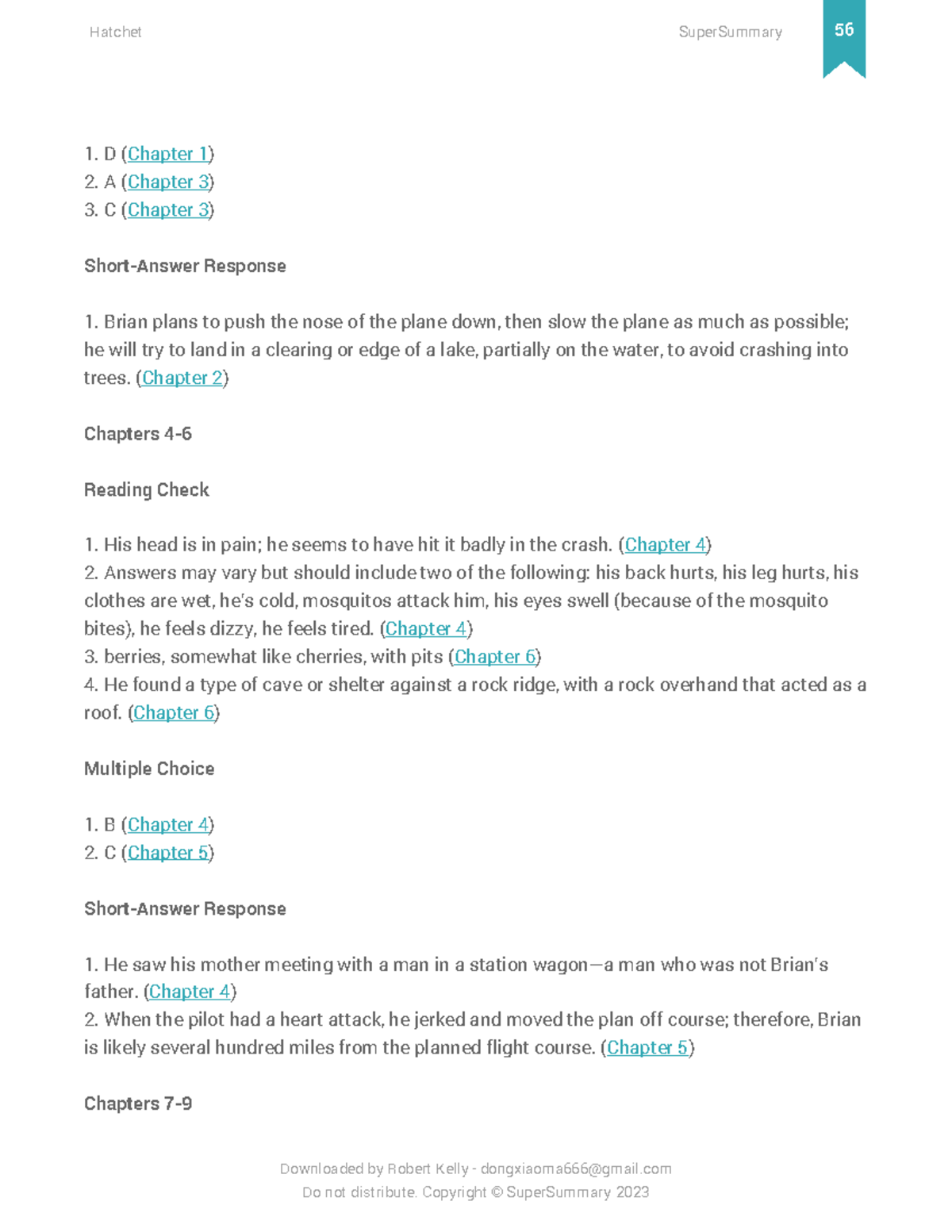 Hatchet - Super Summary Study Guide 57 - D (Chapter 1) A (Chapter 3) C ...