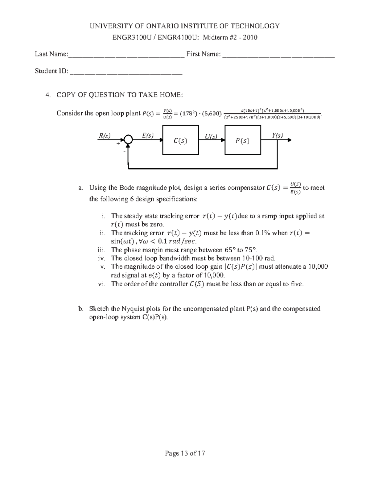2010-04-8 - ENGR4100 - Midterm 2 - take home - ENGR3100U / ENGR4100U: Midterm #2 - 2010 Last ...